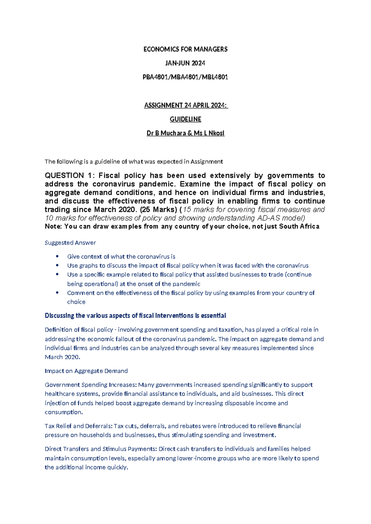 PBA4801 MBA4801 MBL4801 Assignment 2 Guideline on Fiscal Policy Impact ...
