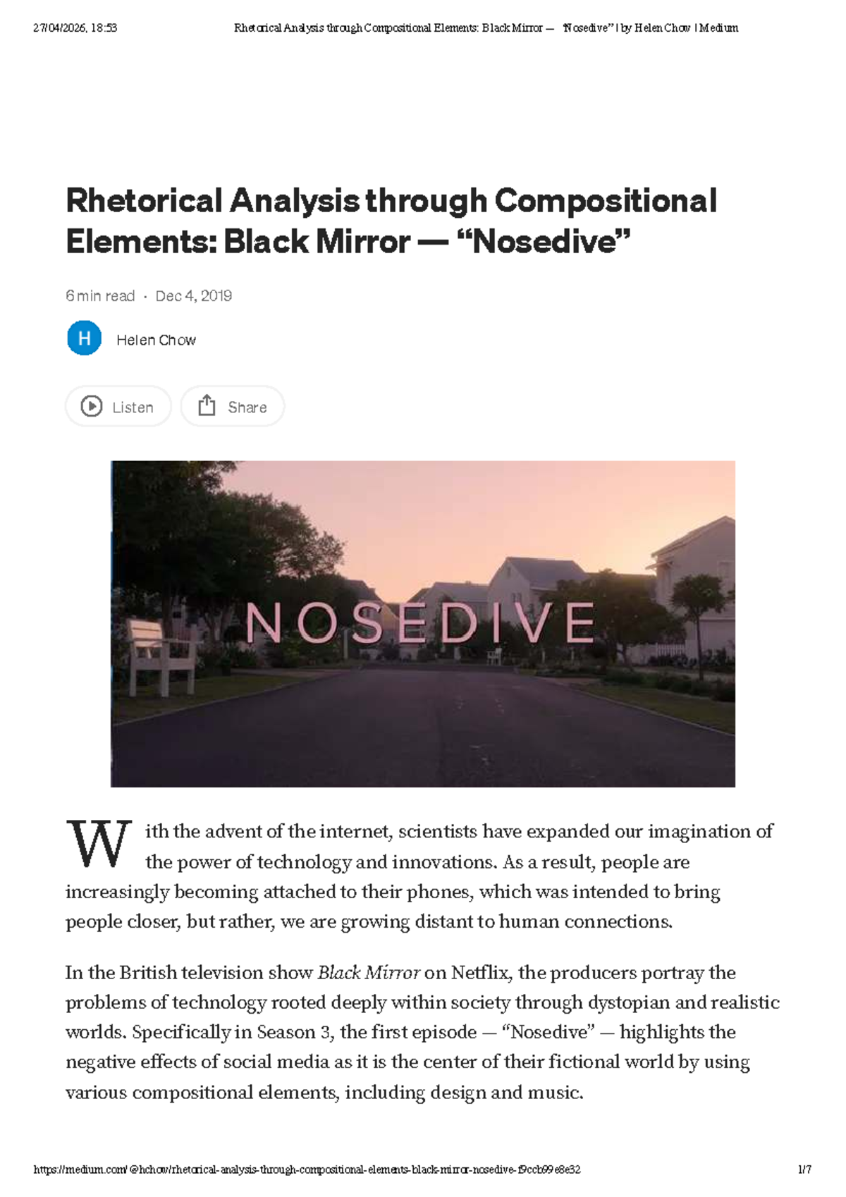 Rhetorical Analysis of Compositional Elements in Black Mirror: Nosedive ...