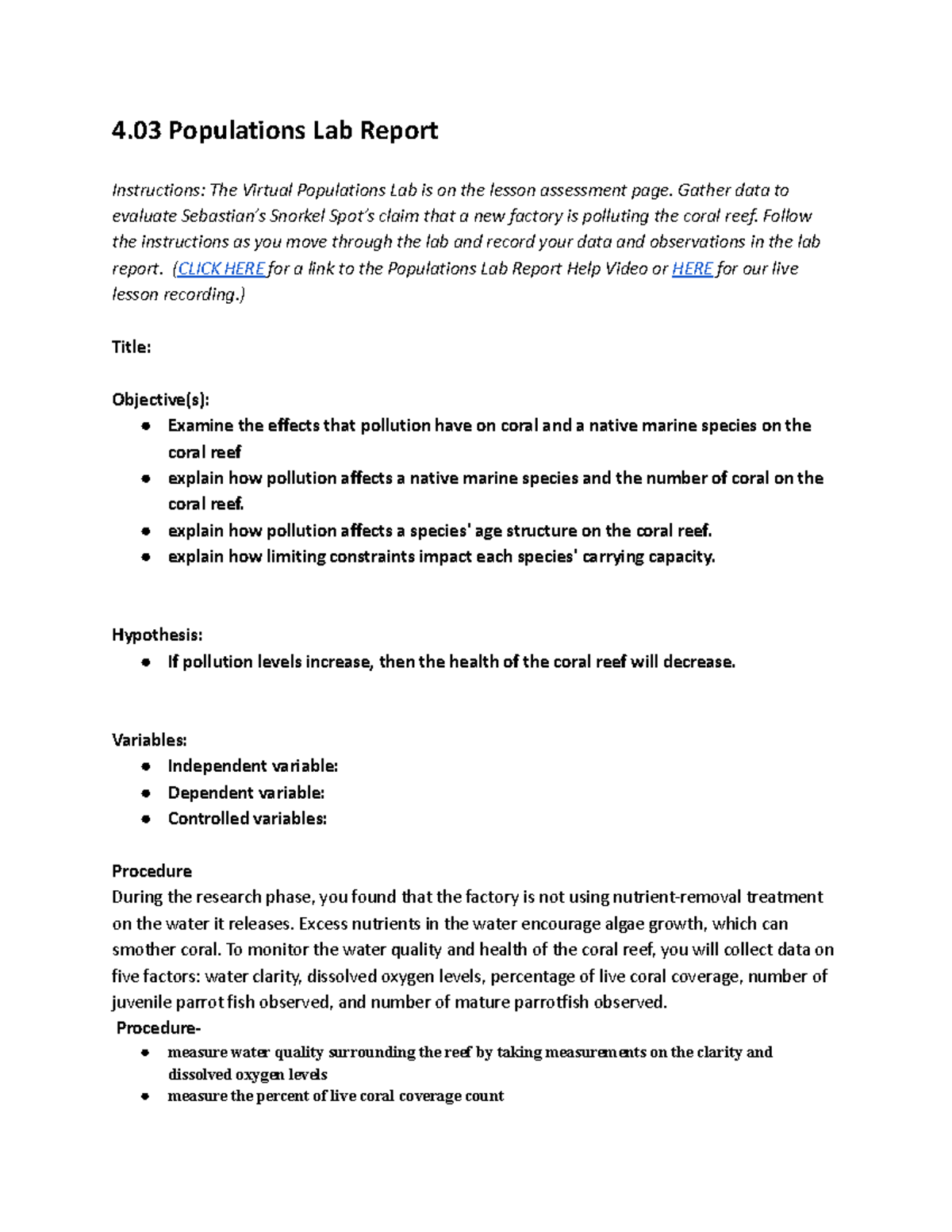 4.03 Populations Lab Report on Coral Reef Pollution Analysis - Studocu