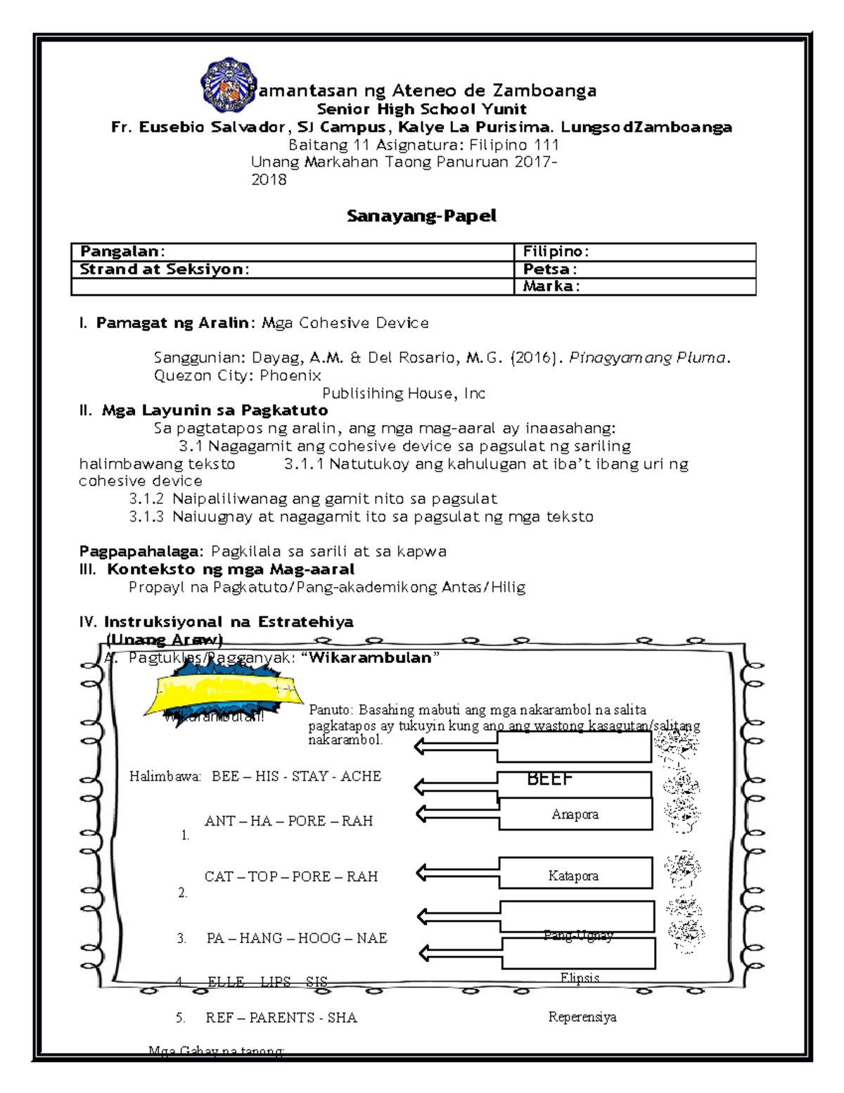 Filipino 111: Sanayang-Papel sa Mga Cohesive Devices - Studocu