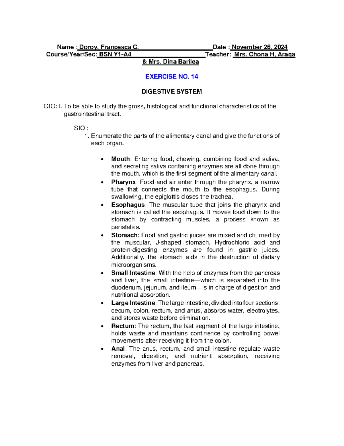 LAB Exercise 14: Digestive System Overview and Functions - Studocu