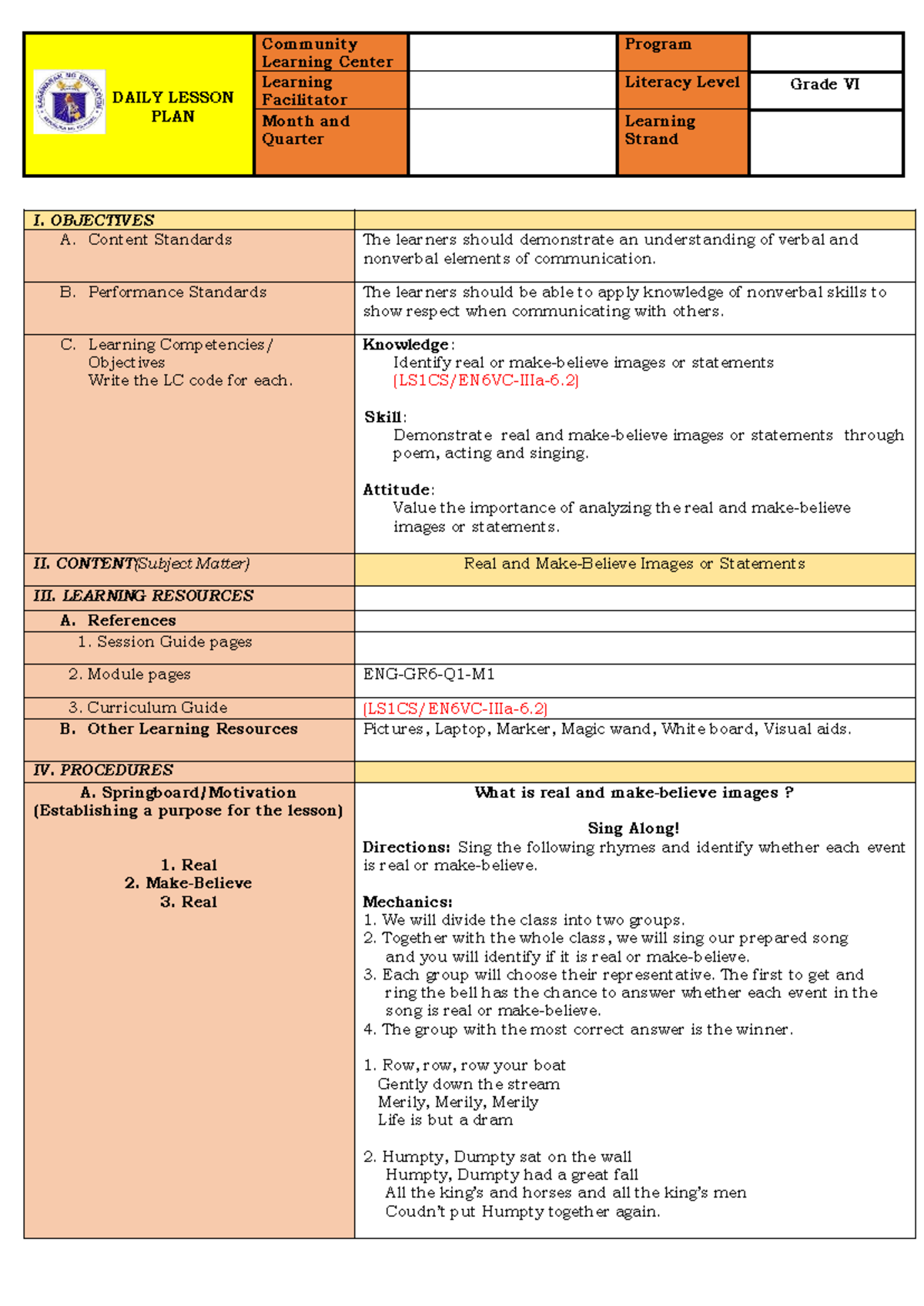 DLL - Grade VI Lesson Plan: Real vs. Make-Believe Images - Studocu