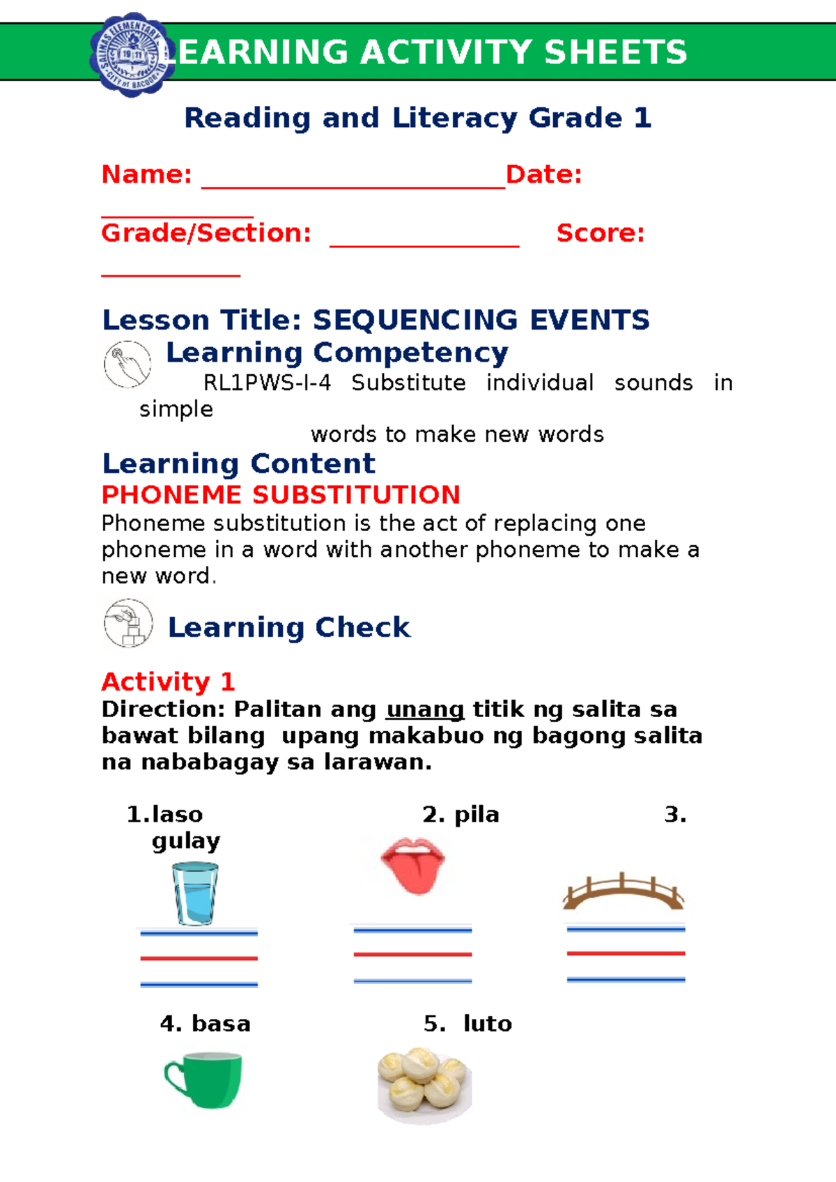 LAS Q1 R&L - Grade 1 Sequencing Events Learning Activity Sheets - Studocu