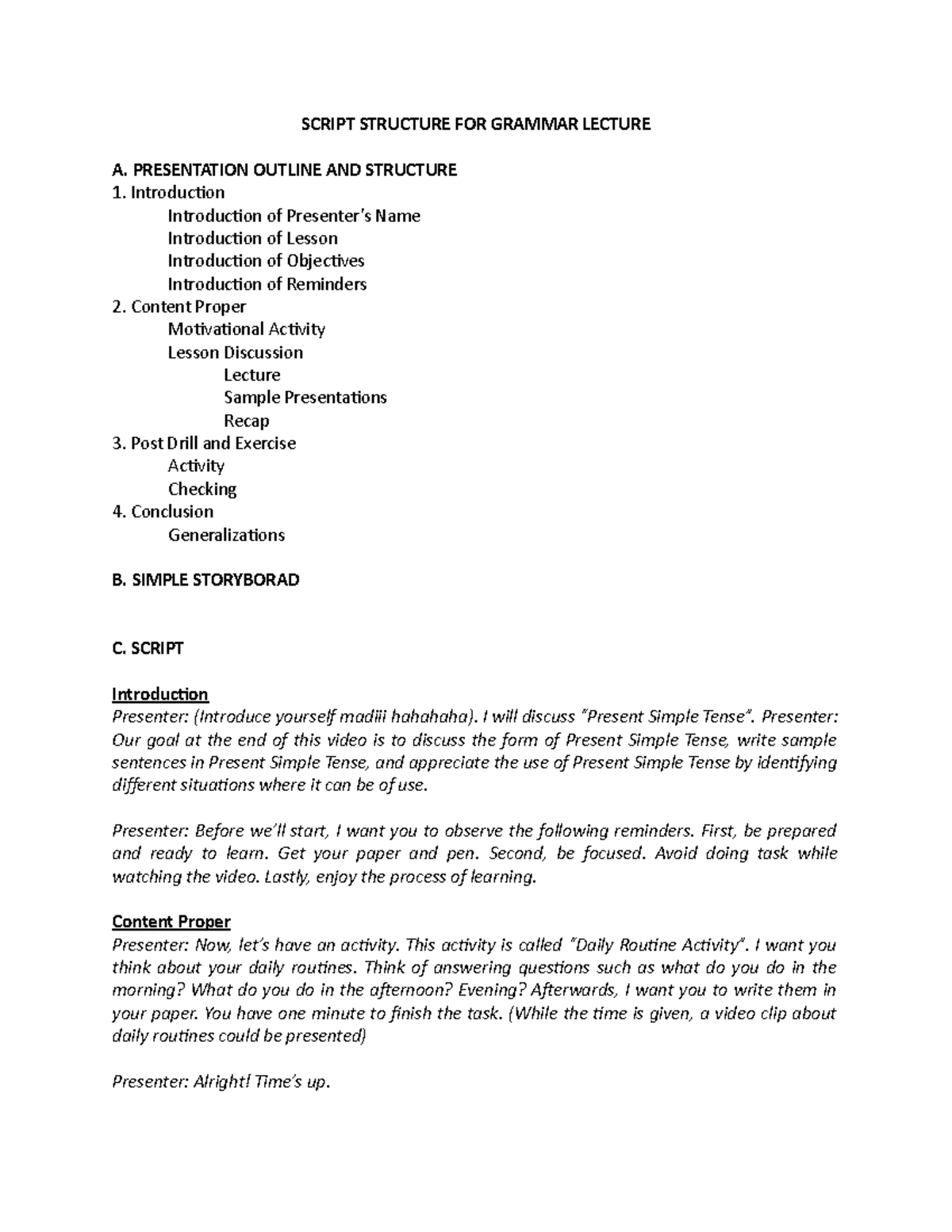 Advanced Grammar - SCRIPT STRUCTURE FOR GRAMMAR LECTURE A. PRESENTATION ...