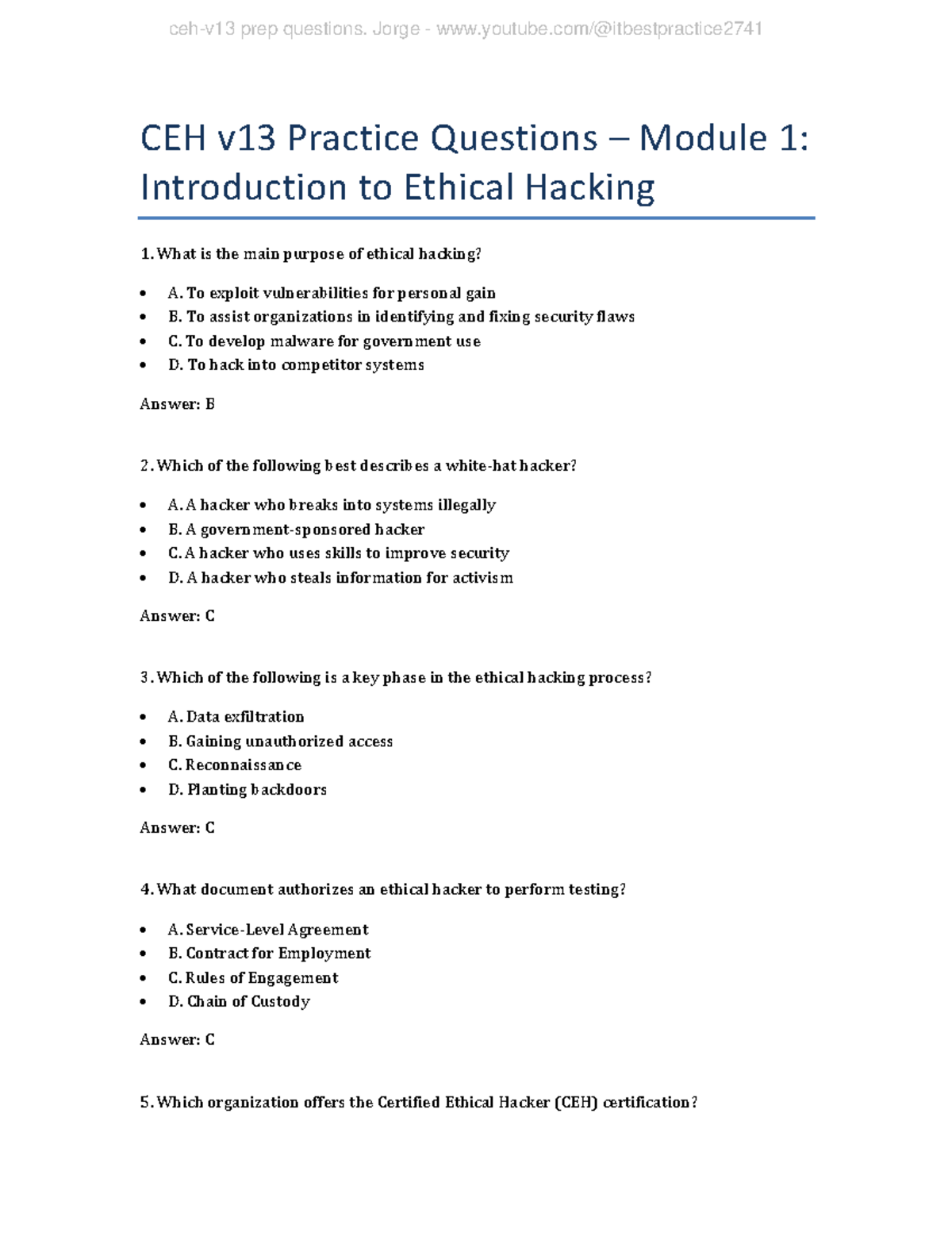 CEH v13 Module 1: Intro to Ethical Hacking Practice Questions - Studocu