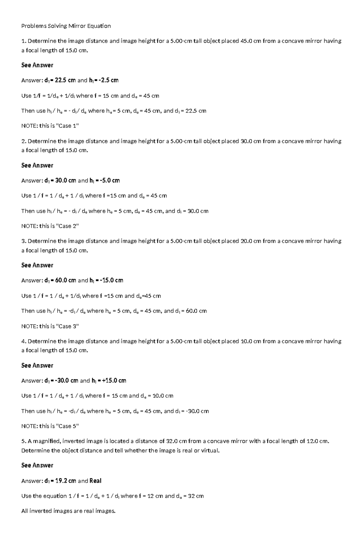 Problem Solving Mirror & Lens Equations - Key Cases Explained - Studocu