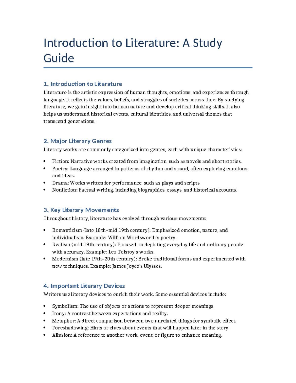 Introduction to Literature: A Comprehensive Study Guide - Studocu