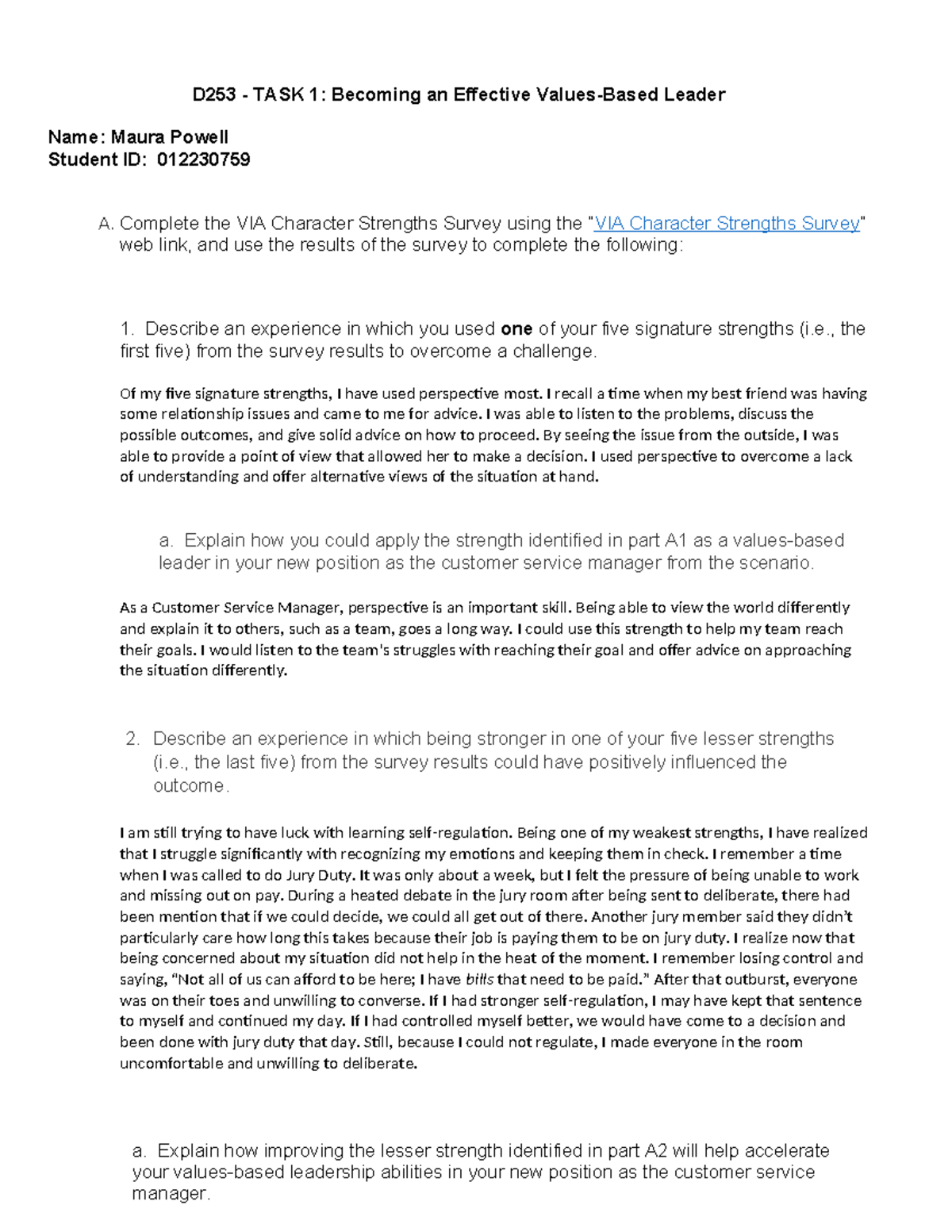 D253 Task 1: Developing Leadership Skills through Character Strengths ...