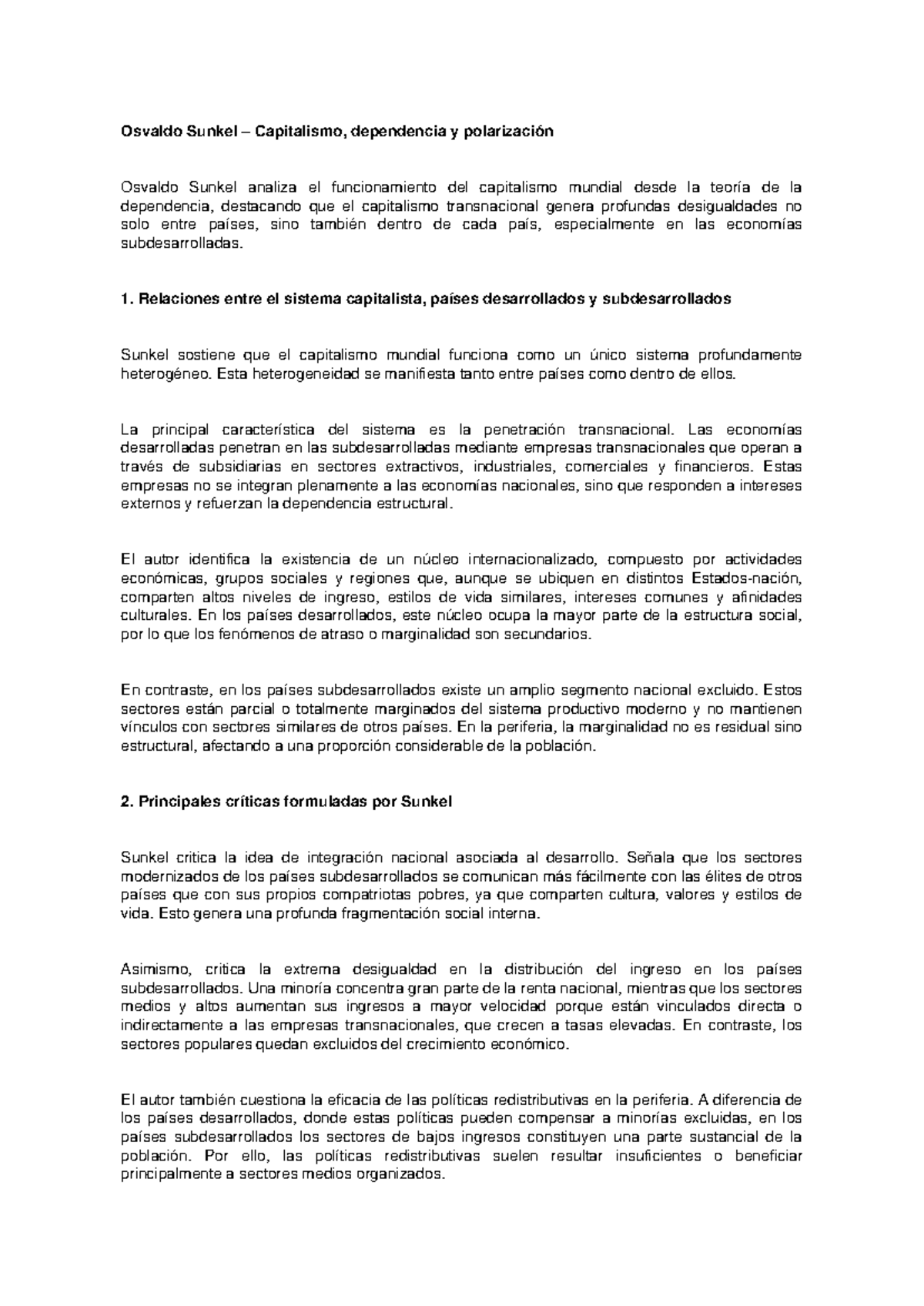 Osvaldo Sunkel: Capitalismo, Dependencia y Desigualdad - Studocu