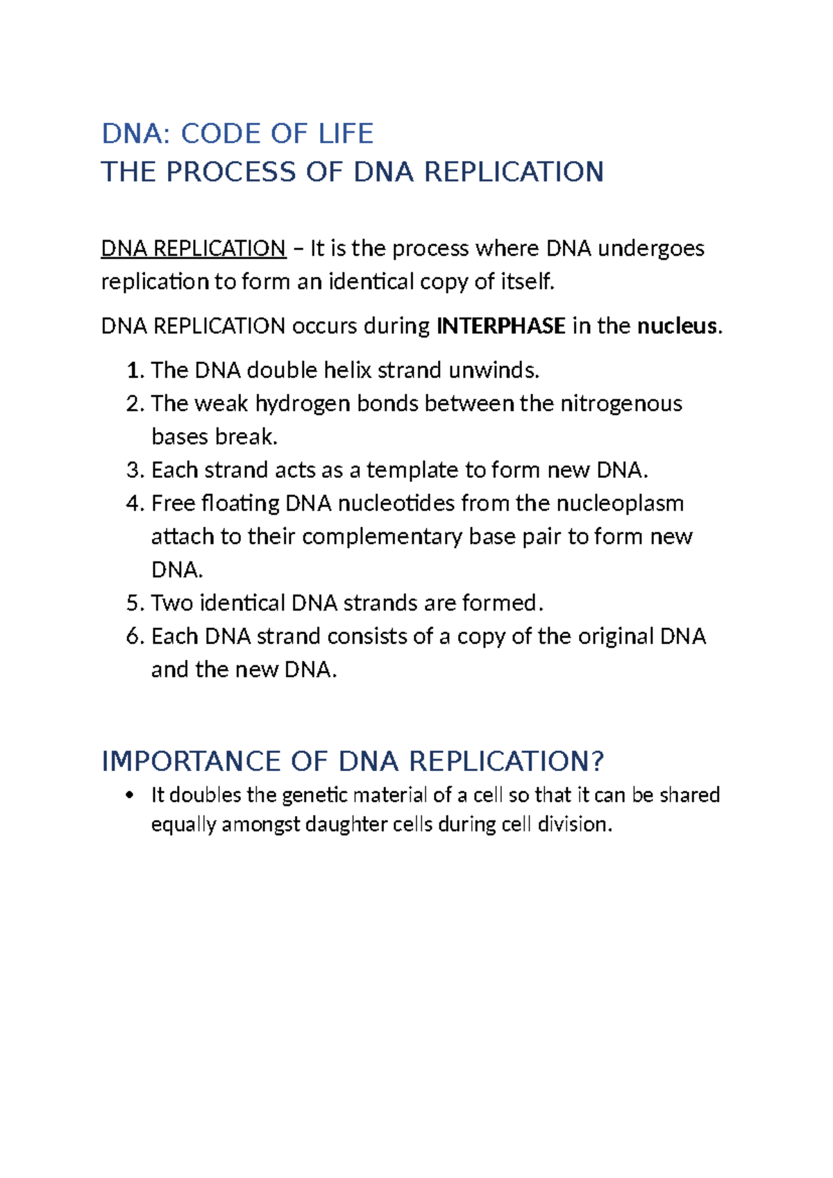 DNA: The Code of Life - Summary of DNA Replication Process - Studocu
