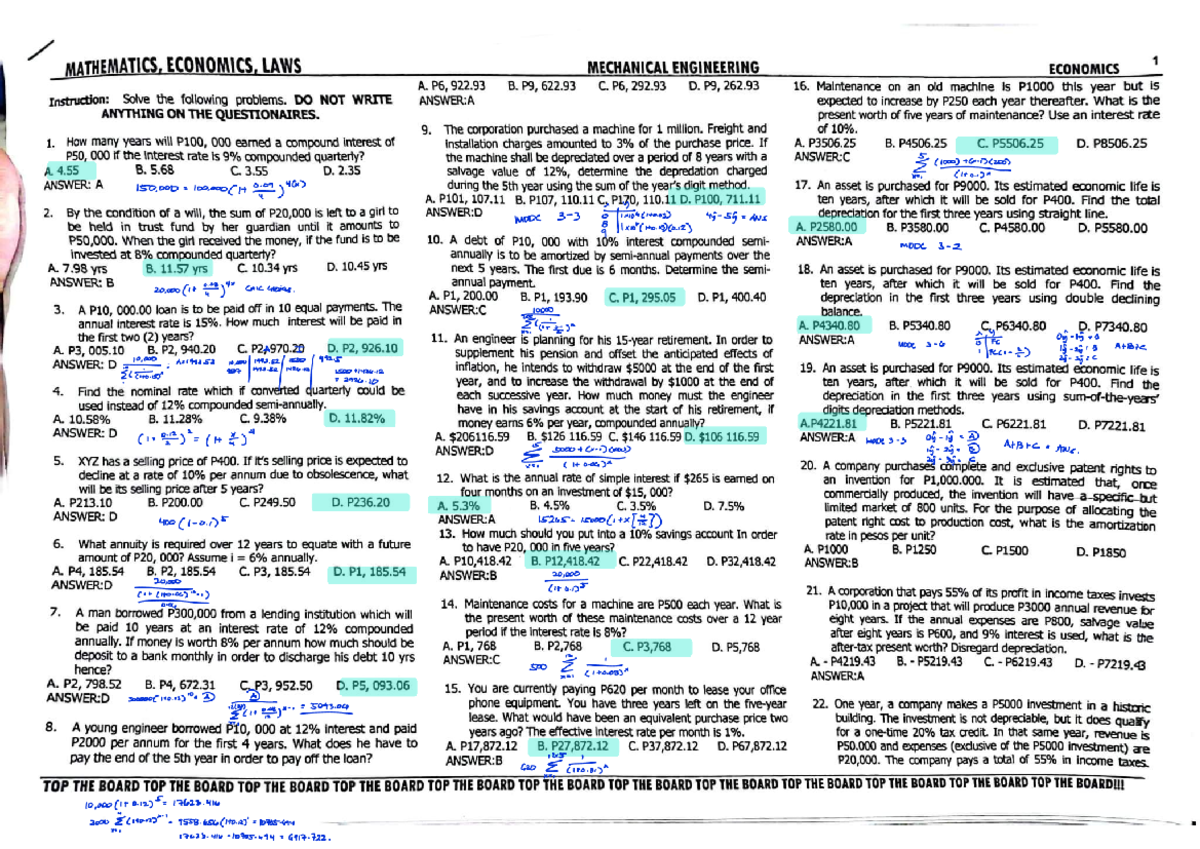 ME 101: Mechanical Engineering Economics - Problem Set and Solutions ...