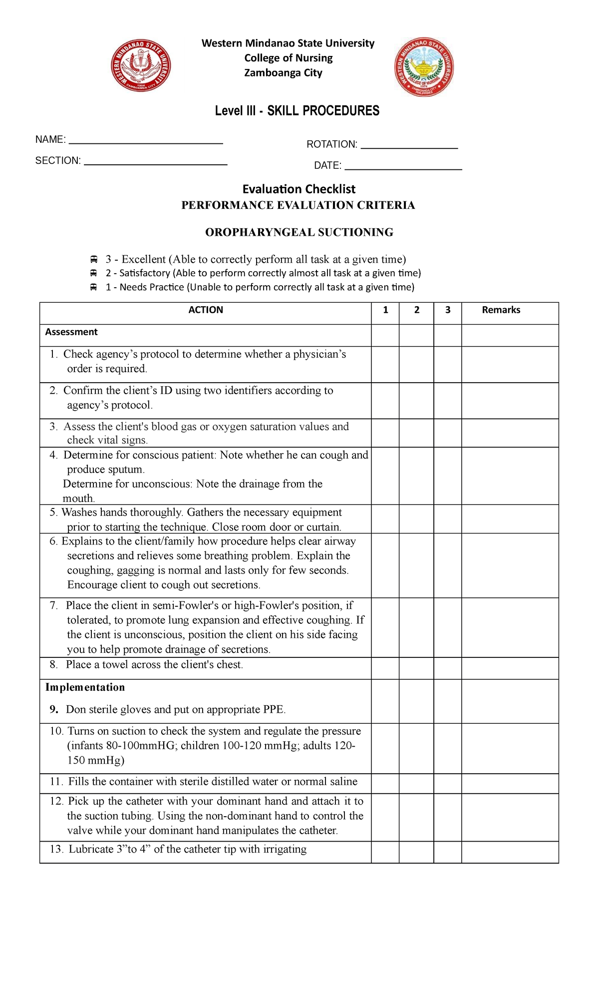 Oro Nasopharyngeal Suctioning Checklist - Western Mindanao State University College of Nursing ...