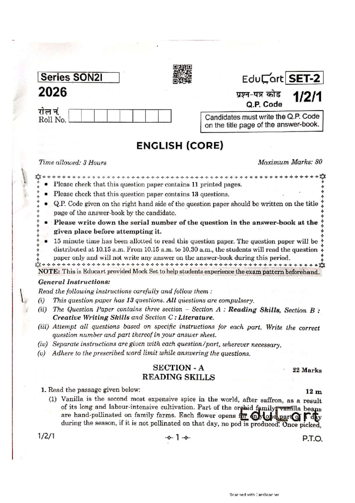 SET-2 Educart Mock Question Paper for English (CORE) - Studocu