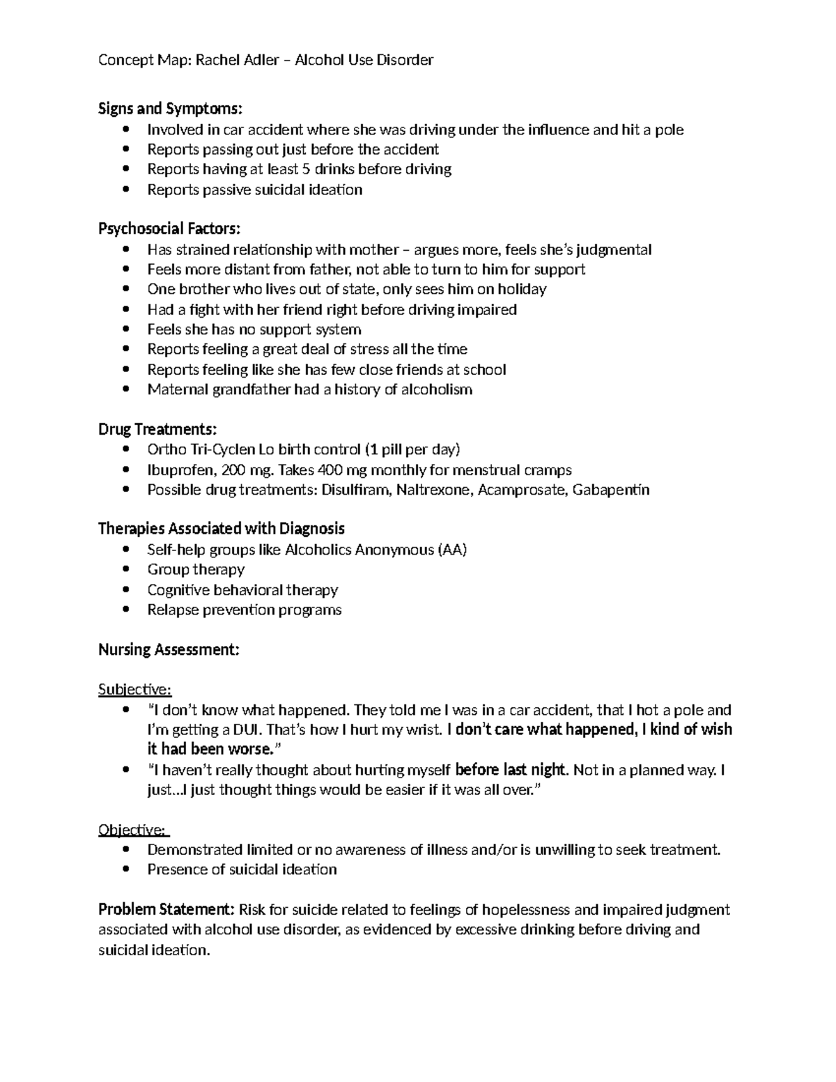 Concept Map - Alcohol Use Disorder: Rachel Adler's Case Analysis - Studocu