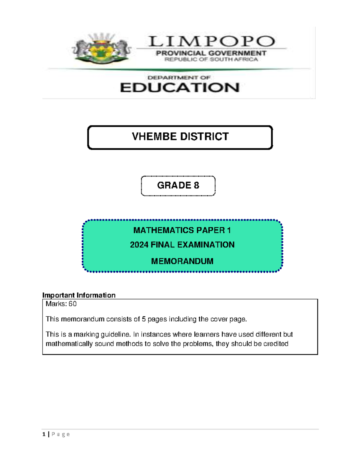 2024 MATHEMATICS GRADE 8 FINAL EXAM PAPER 1 MEMO - Studocu