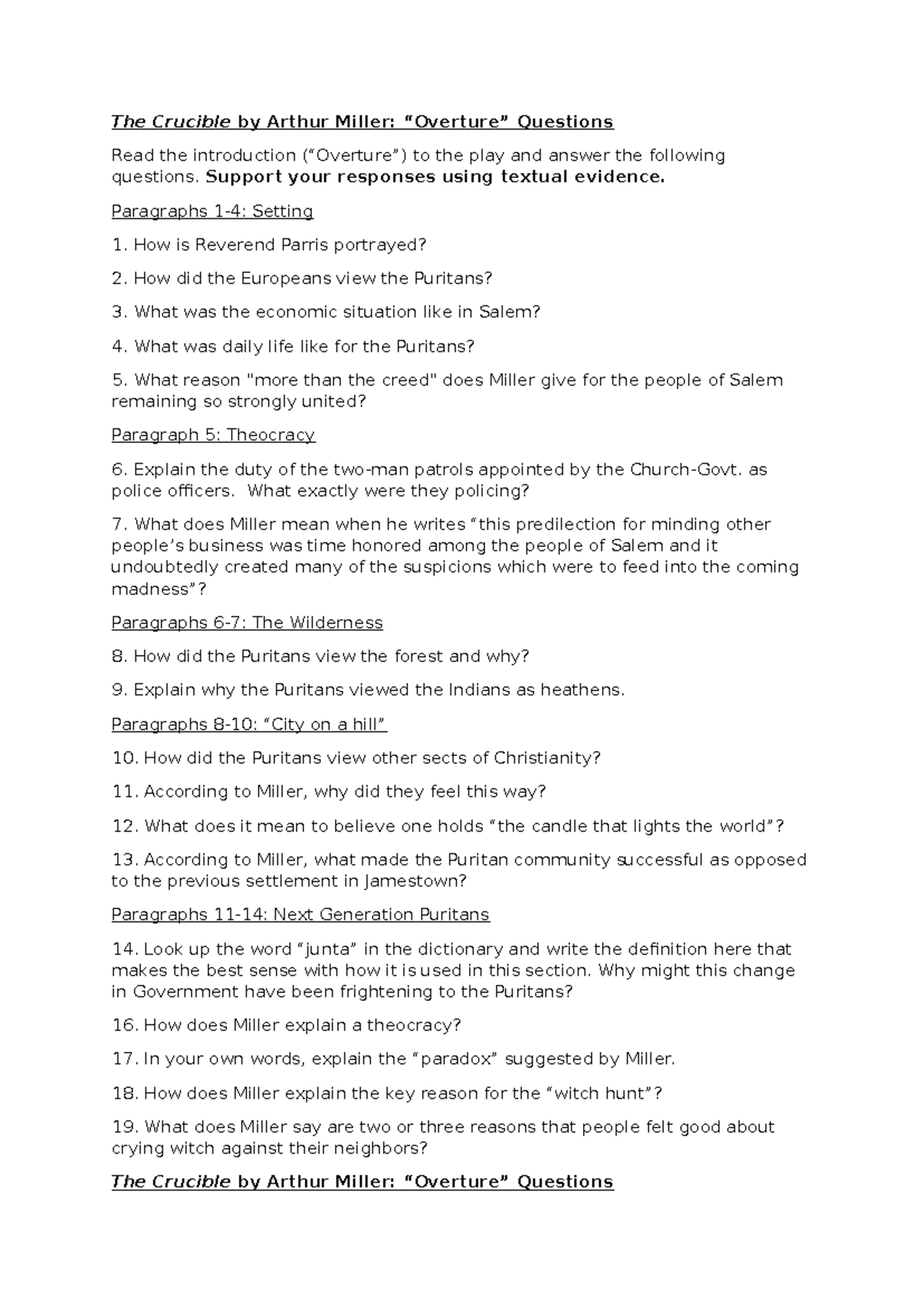The Crucible (ENG 101): Act 1 Overture Questions & Answers - Studocu