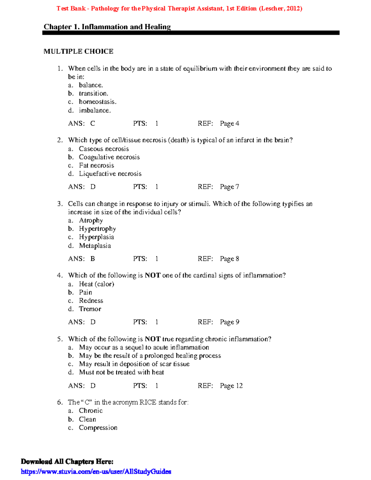 Test Bank: Pathology for PTA (Lescher, 2012) - Chapter 1 Inflammation ...