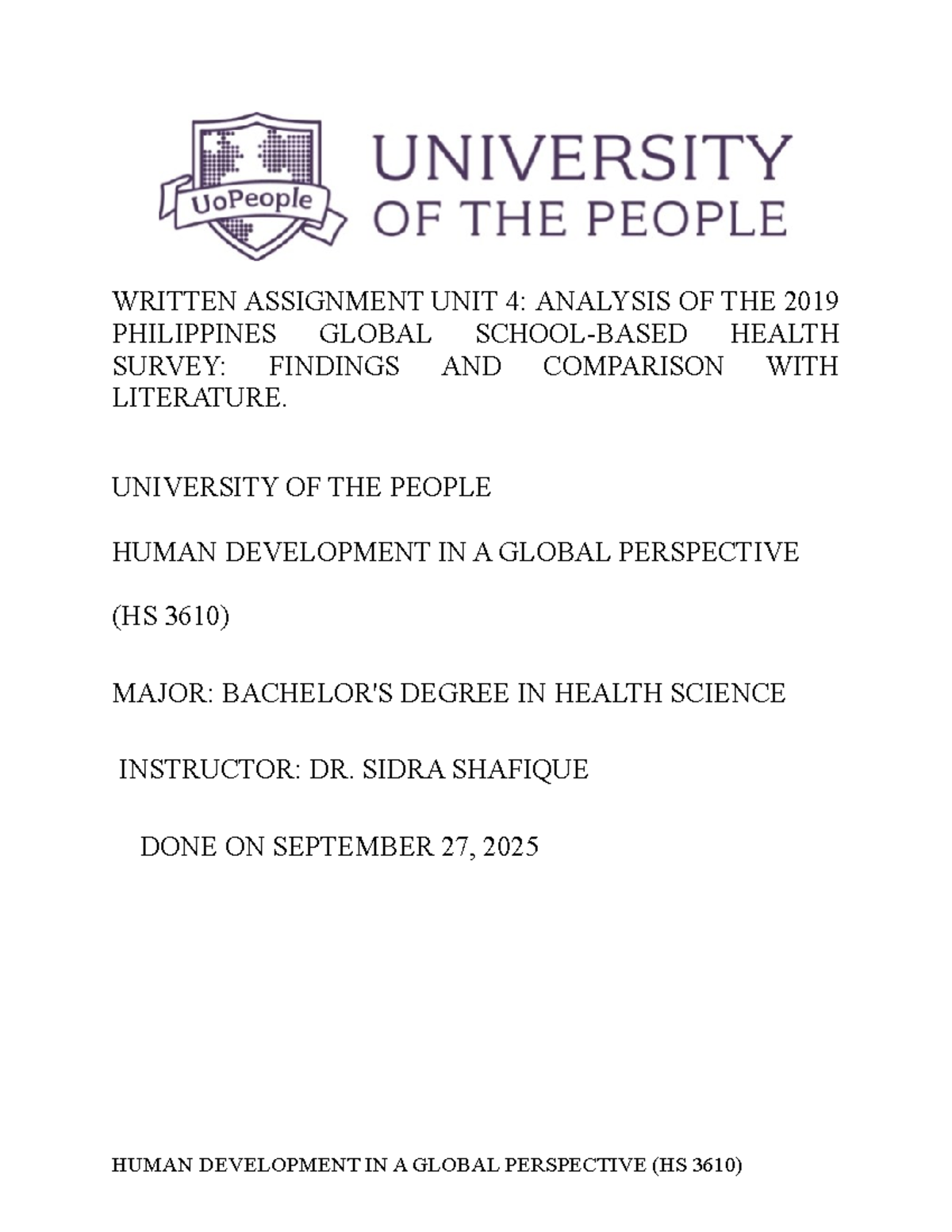 HS 3610 Written Assignment Unit 4: Analysis of 2019 Philippines GSHS ...