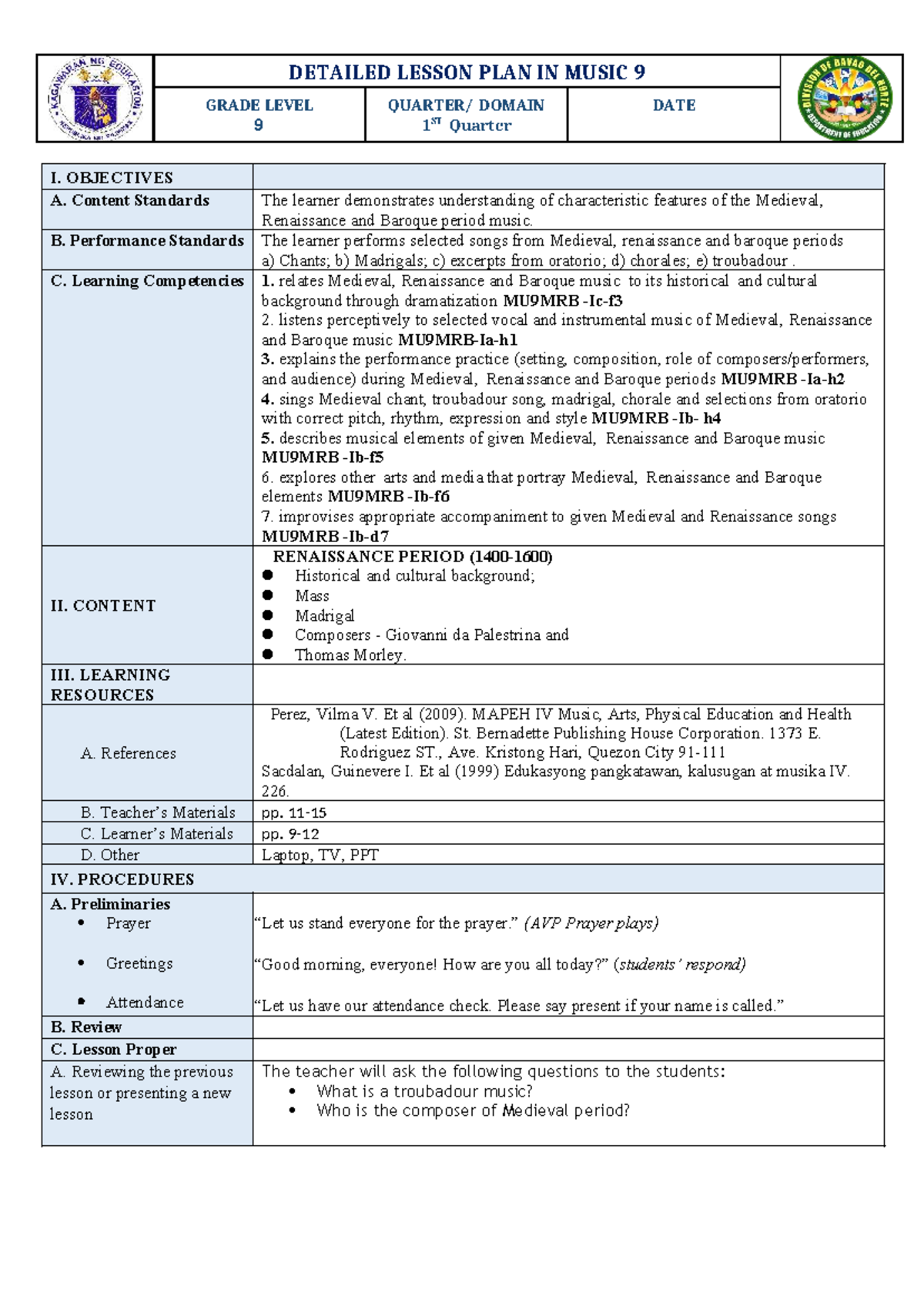 Detailed Lesson Plan in Music 9: Medieval, Renaissance & Baroque ...