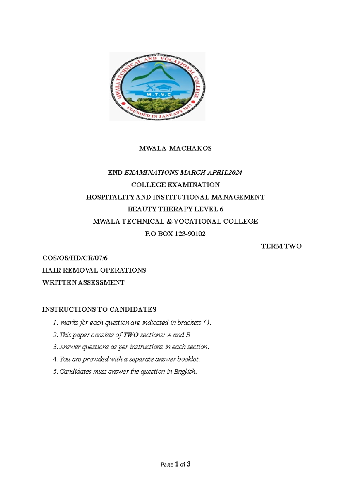 Removal 6 EXAM - MWALA-MACHAKOS END EXAMINATIONS MARCH APRIL COLLEGE ...