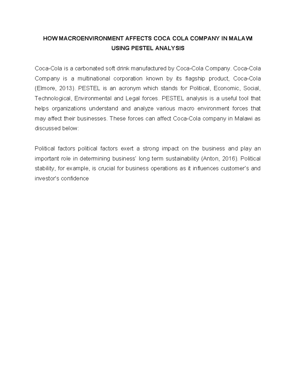 COCA 101 - PESTEL Analysis of Coca-Cola in Malawi Project Summary - Studocu