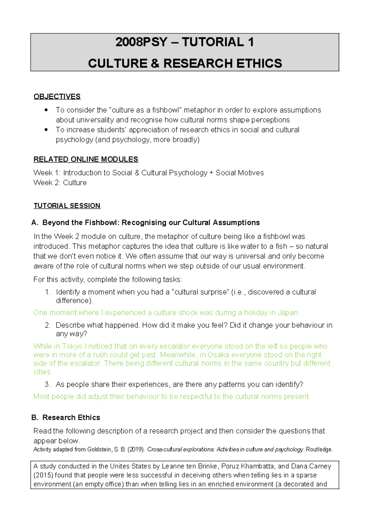 2008PSY TUTORIAL 1: Culture, Research Ethics & Assumptions Worksheet ...