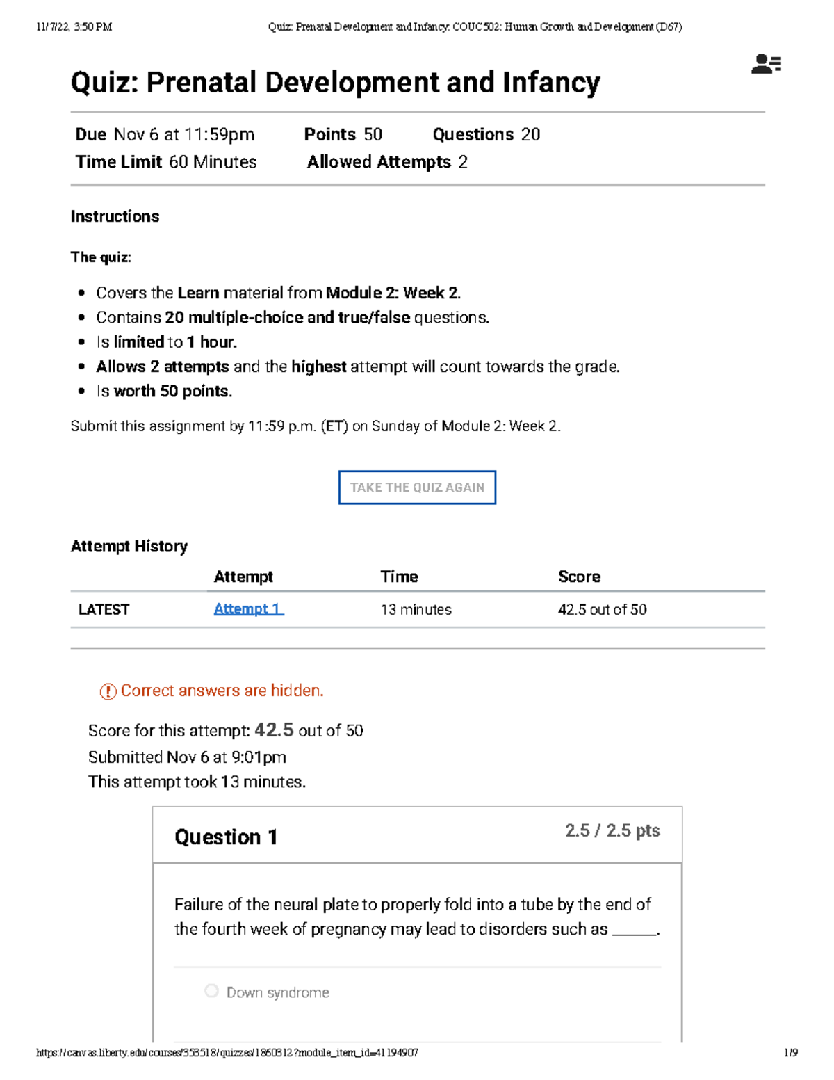 Quiz on Prenatal Development & Infancy COUC502 Human Growth (D67) - Studocu