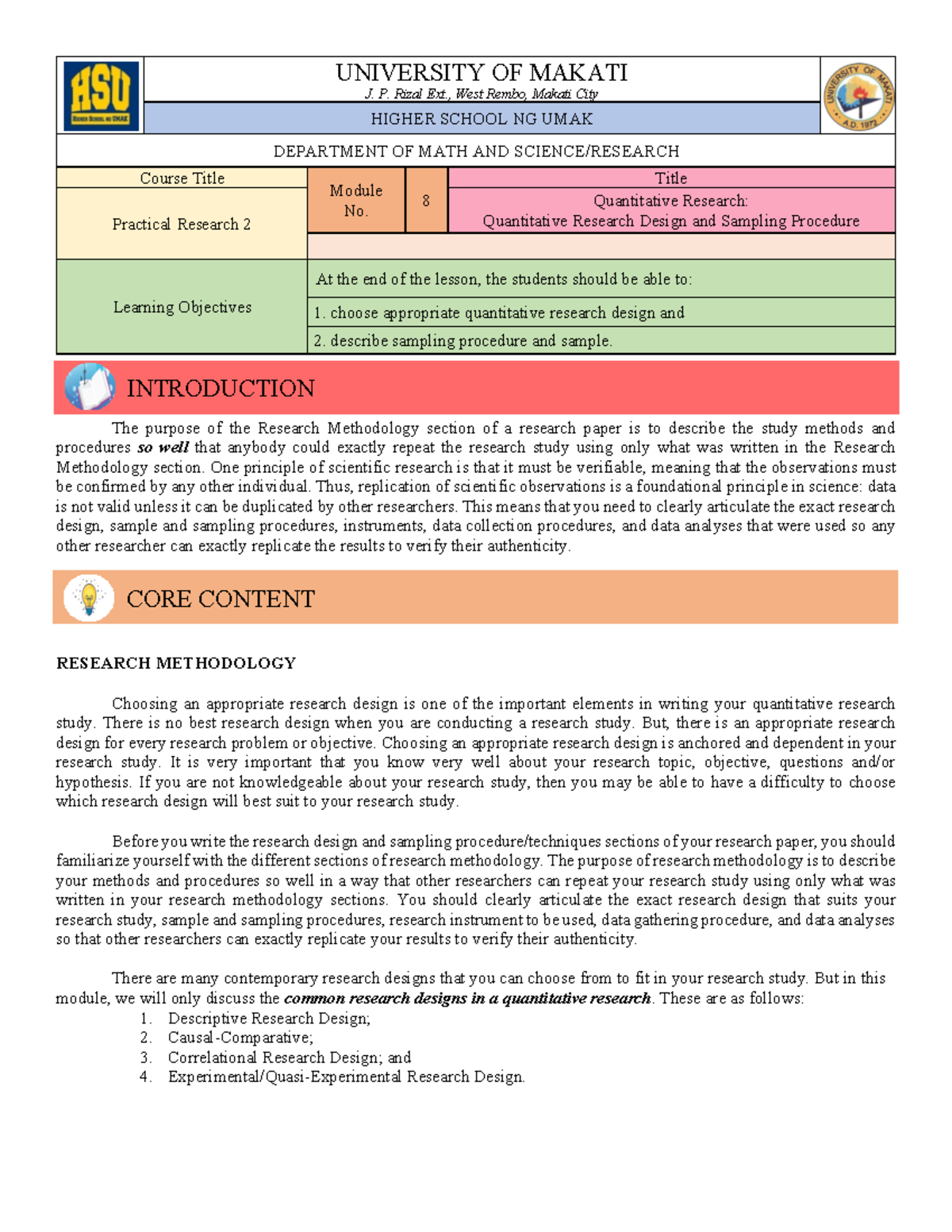 M8 PR2 - Quantitative Research Design & Sampling Procedures Guide - Studocu