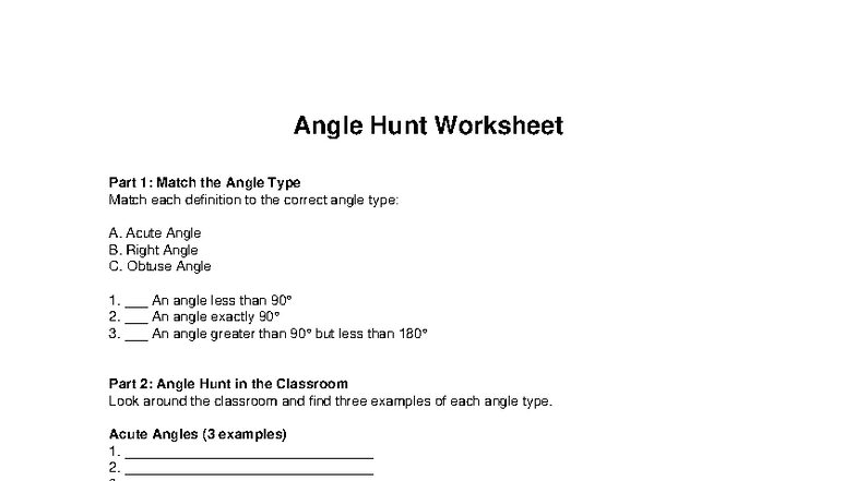 Angle Hunt Worksheet: Identifying and Matching Angle Types - Studocu