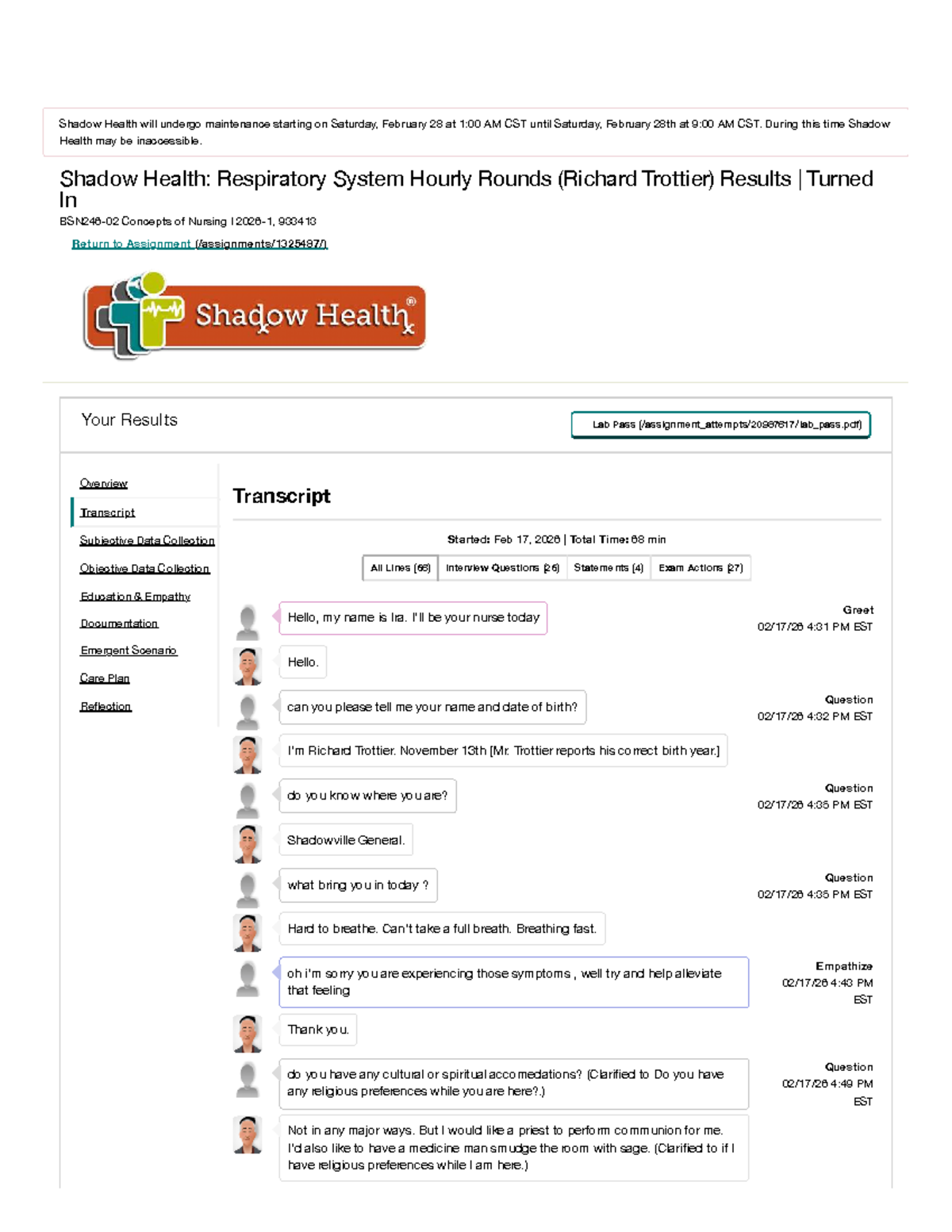 Shadow Health: Respiratory System Hourly Rounds (933413) - Studocu