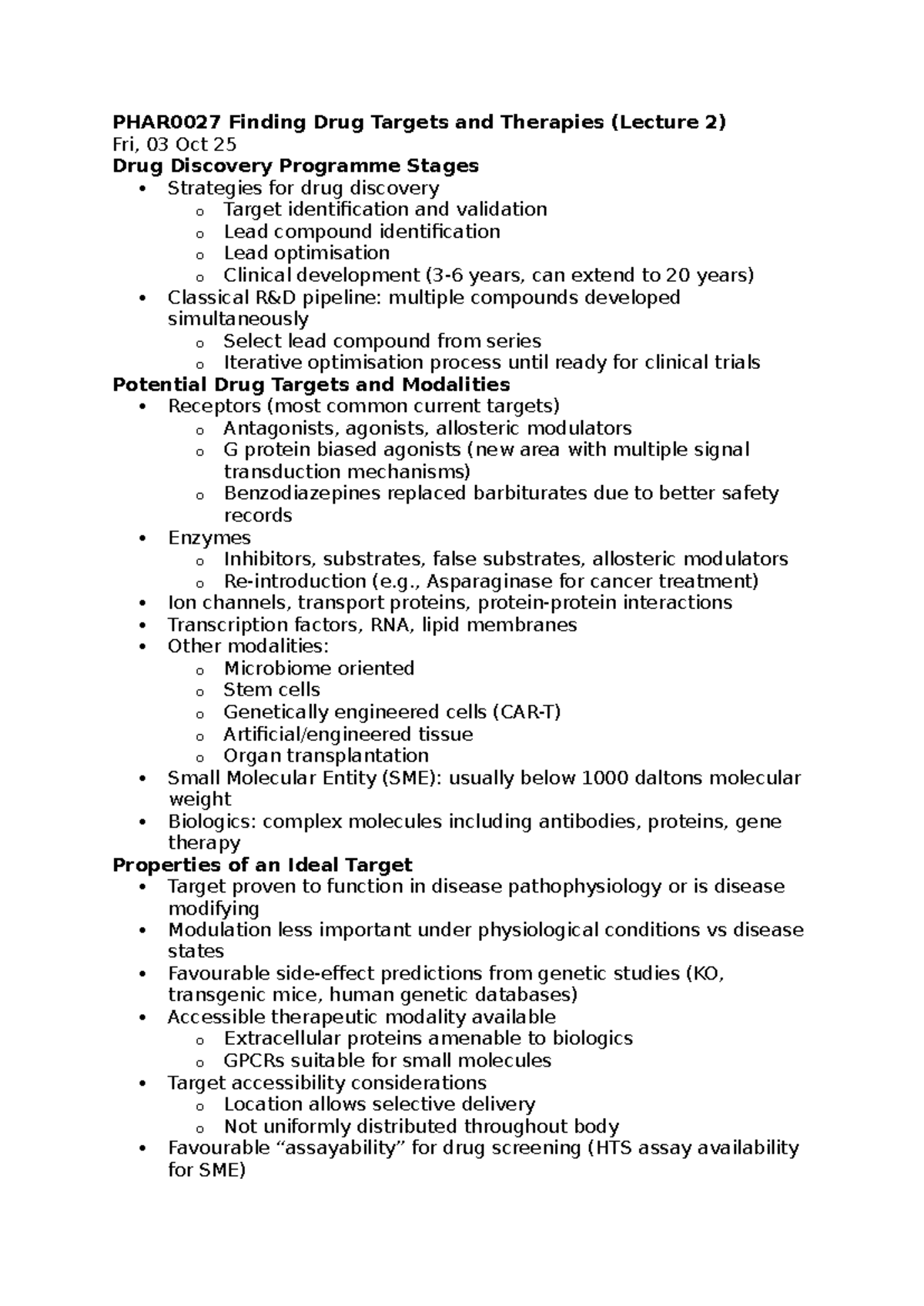 PHAR0027 Lecture 2: Strategies in Drug Discovery and Target ...
