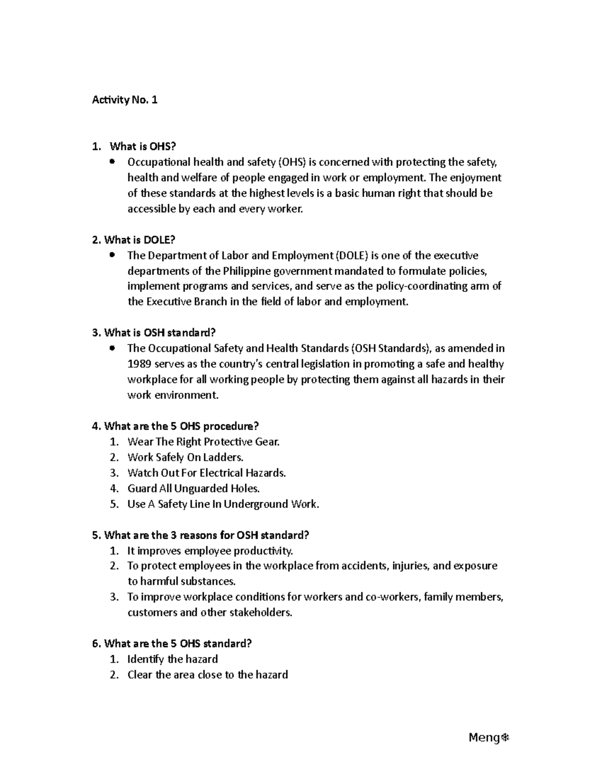OHS Basics - Activity No. 1 Guide on Safety Standards and Procedures ...