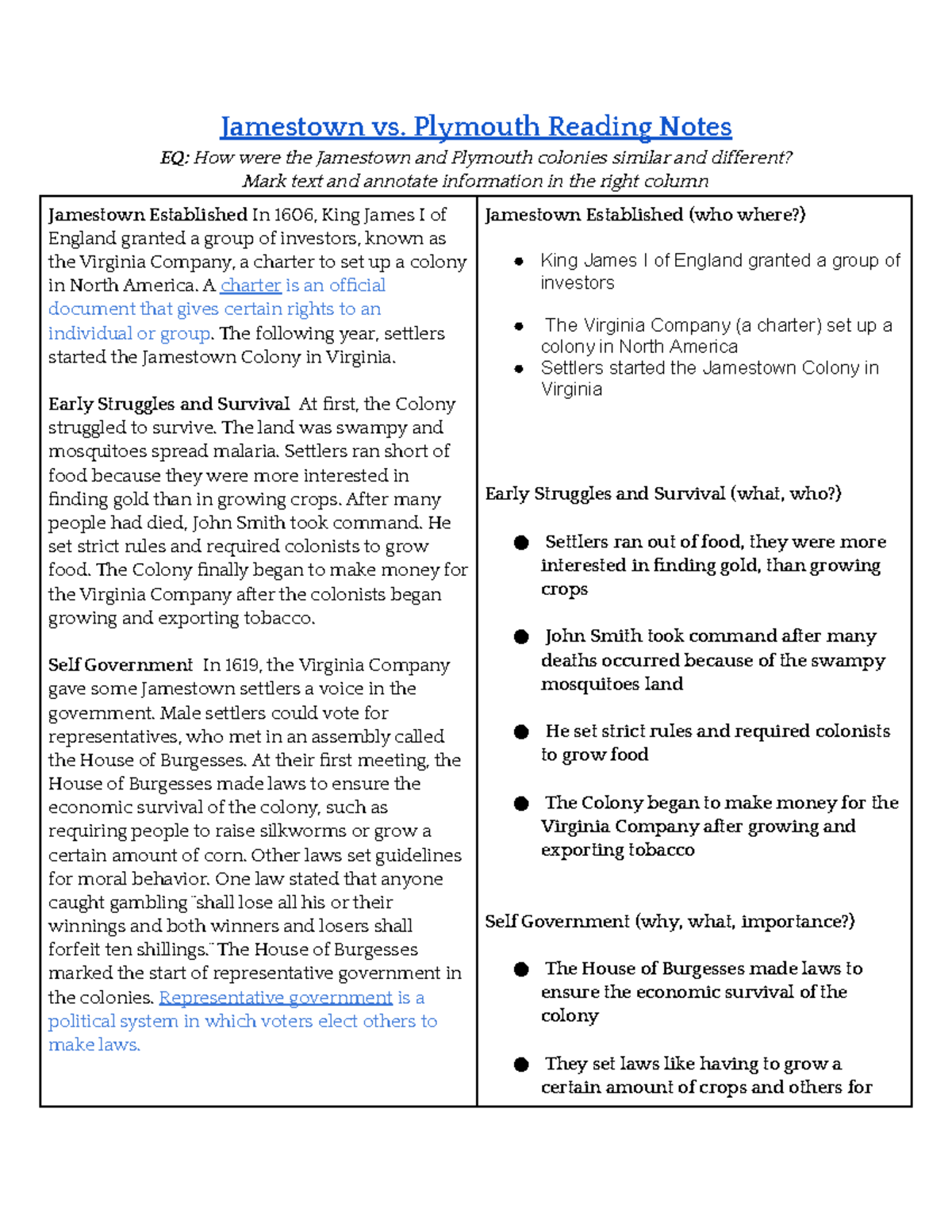 Jamestown vs. Plymouth Colonies: Struggles & Self-Government Notes ...