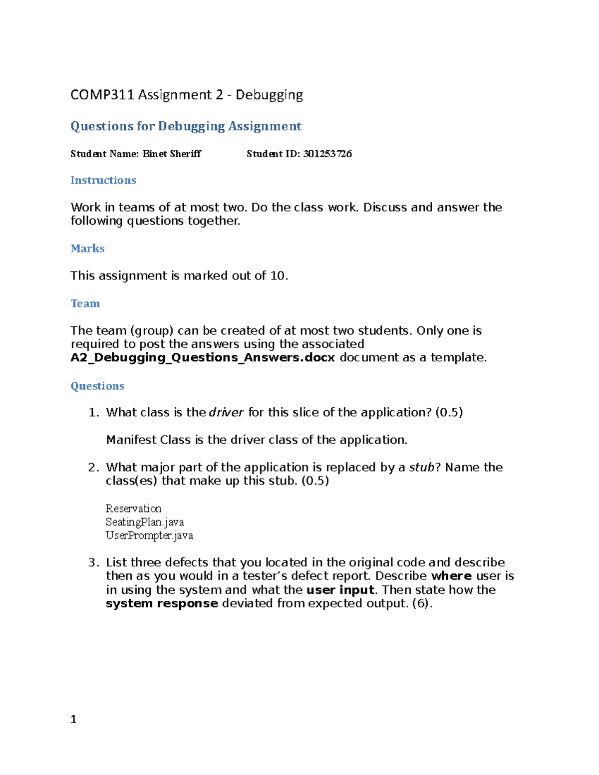 A2 Debugging Questions Answers - COMP311 Assignment 2 - Debugging Questions for Debugging ...