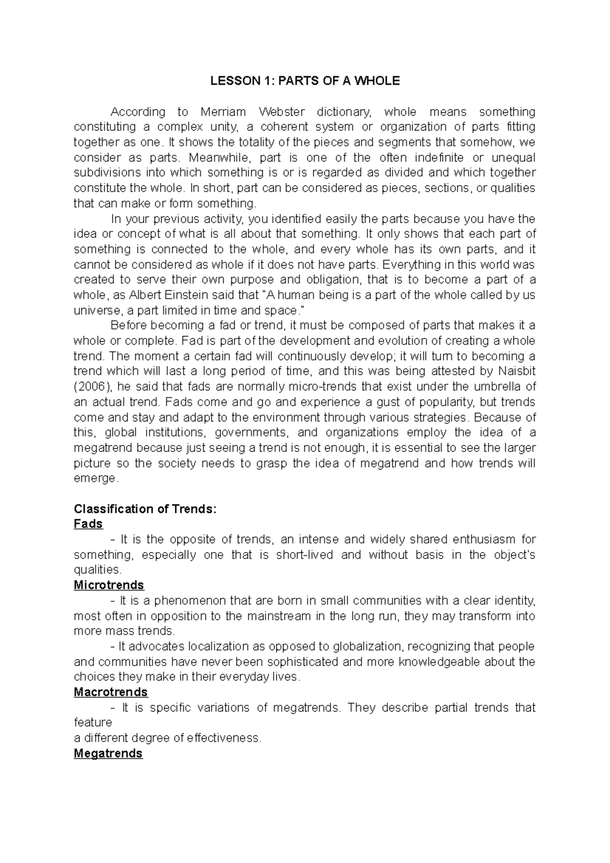 Parts of a whole - teacher - LESSON 1: PARTS OF A WHOLE According to ...