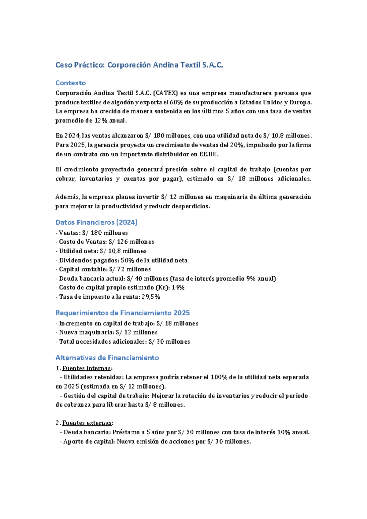 Caso Práctico: Financiamiento Corporación Andina Textil S.A.C. - Studocu