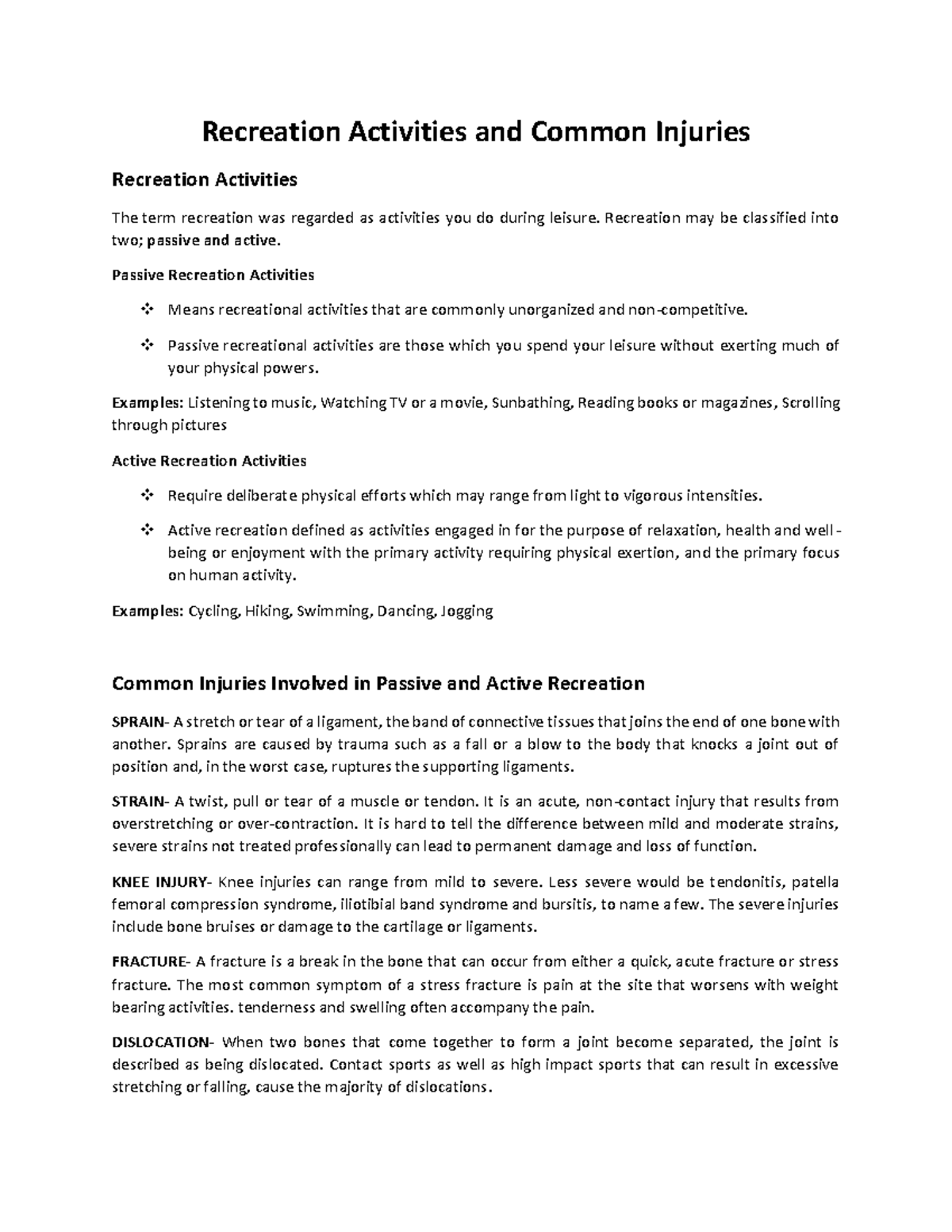 Recreation Activities & Common Injuries: A Comprehensive Overview - Studocu