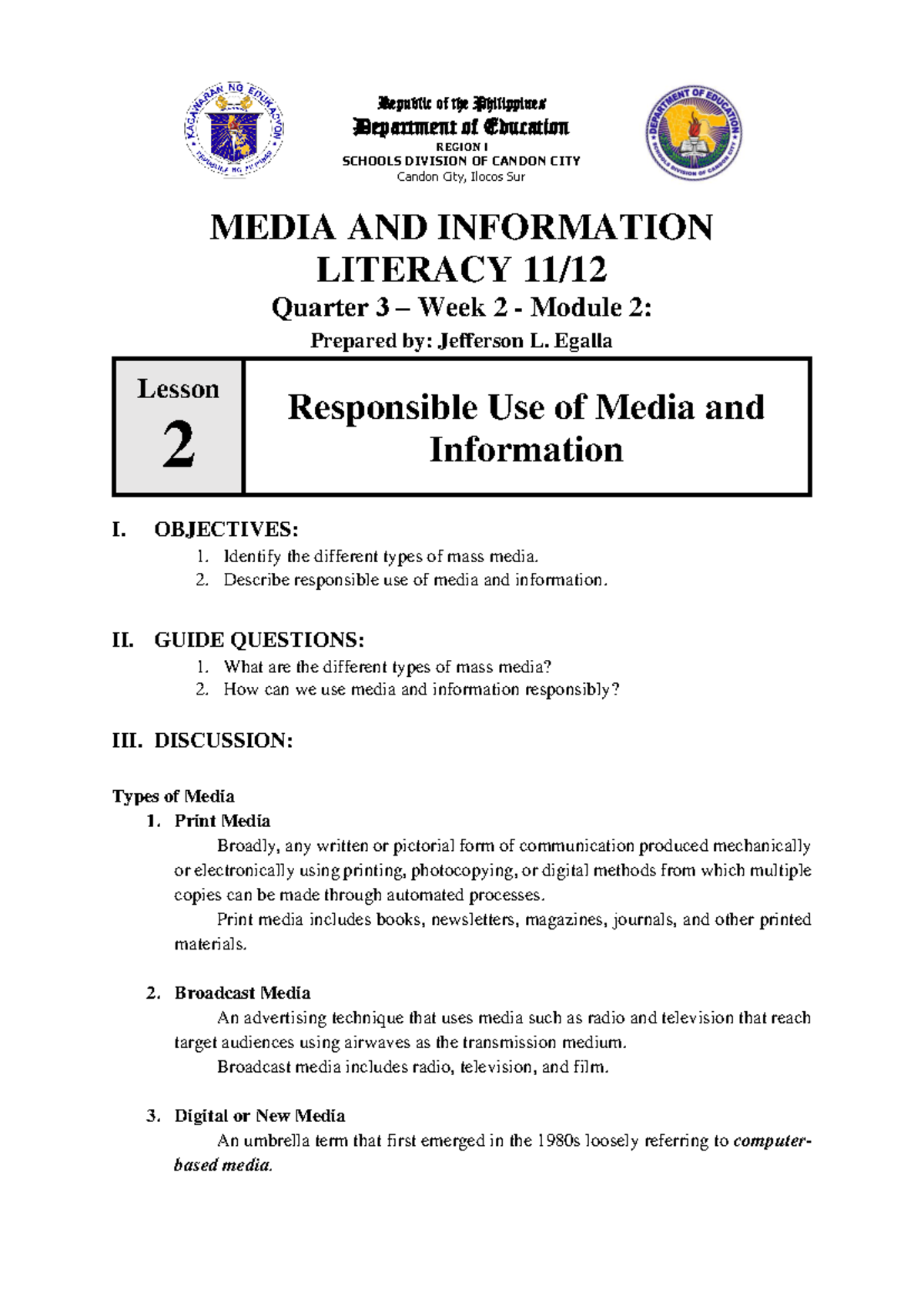 MIL Q3 W2 M2: Responsible Use of Media and Information - Studocu