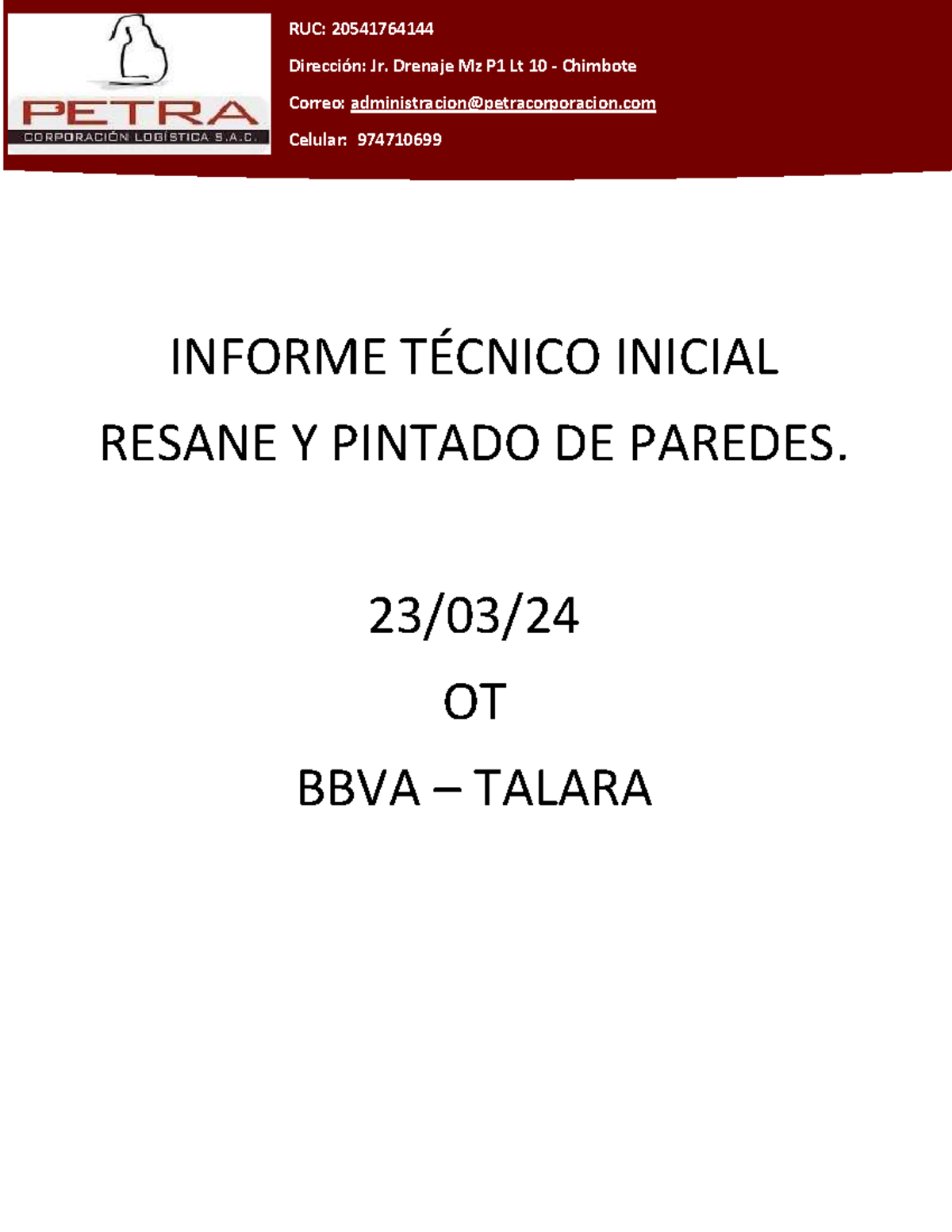 INI OT - Informe Técnico de Resane y Pintado de Paredes - Talara - Studocu