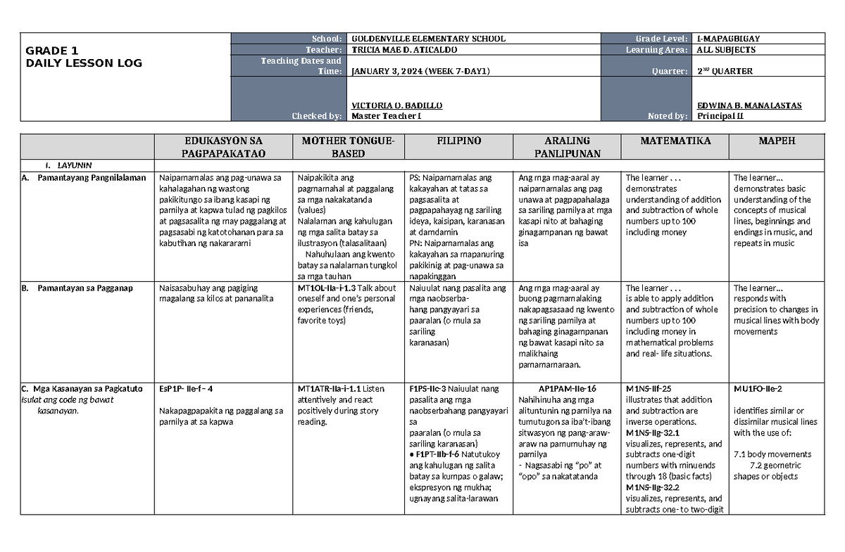 DLL: Grade 1 Daily Lesson Log for All Subjects - Q2 W1 D1 - Studocu