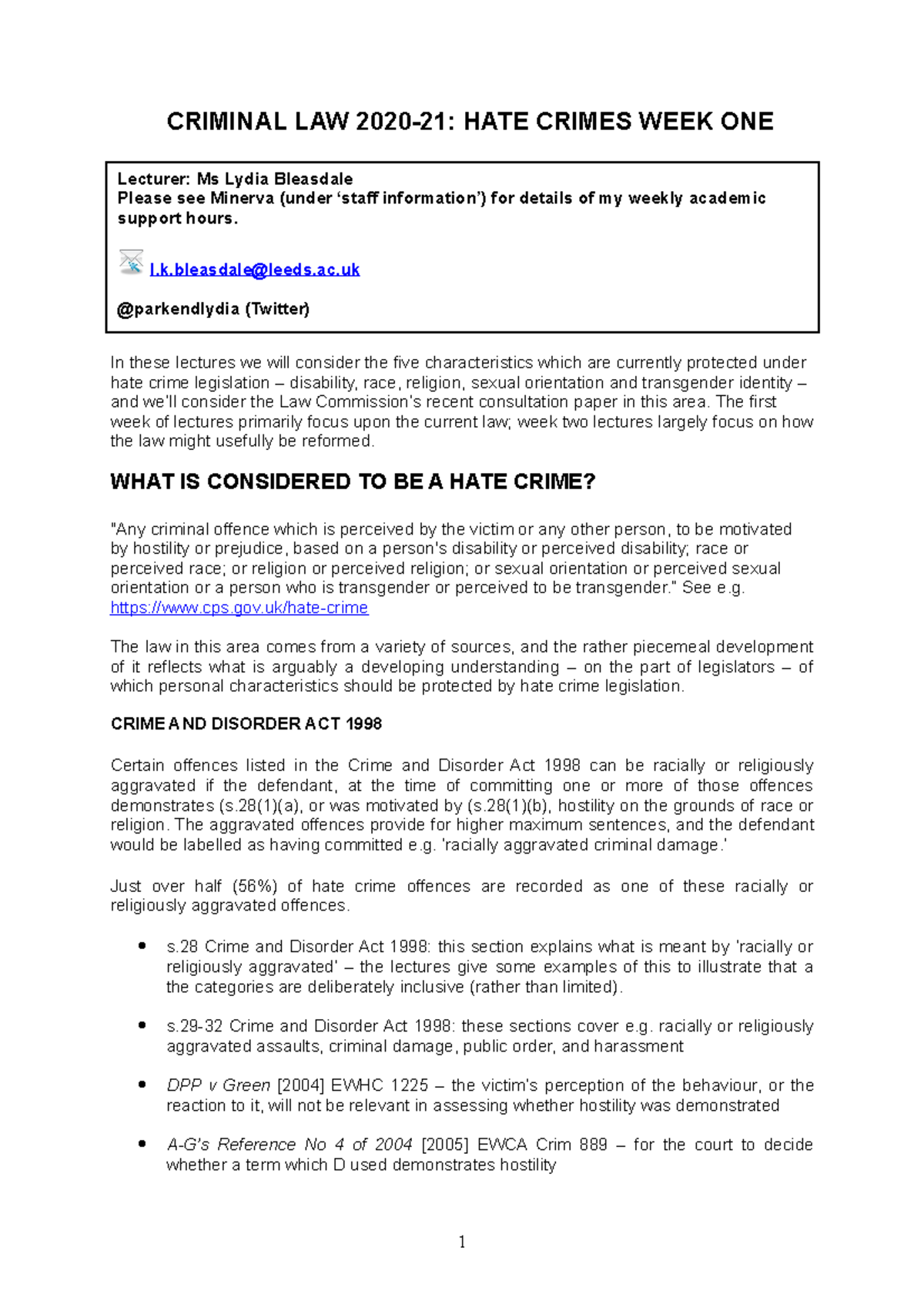 Hate Crimes Lecture Notes - CRIMINAL LAW 2020-21 Week 1 - Studocu