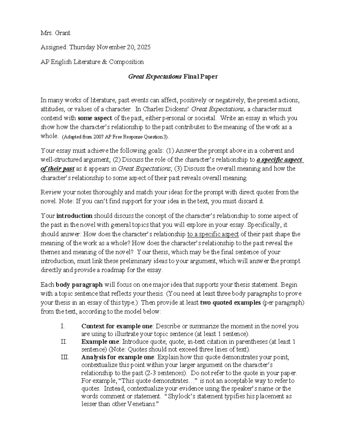 AP English Literature: Great Expectations Final Paper Guide - Studocu