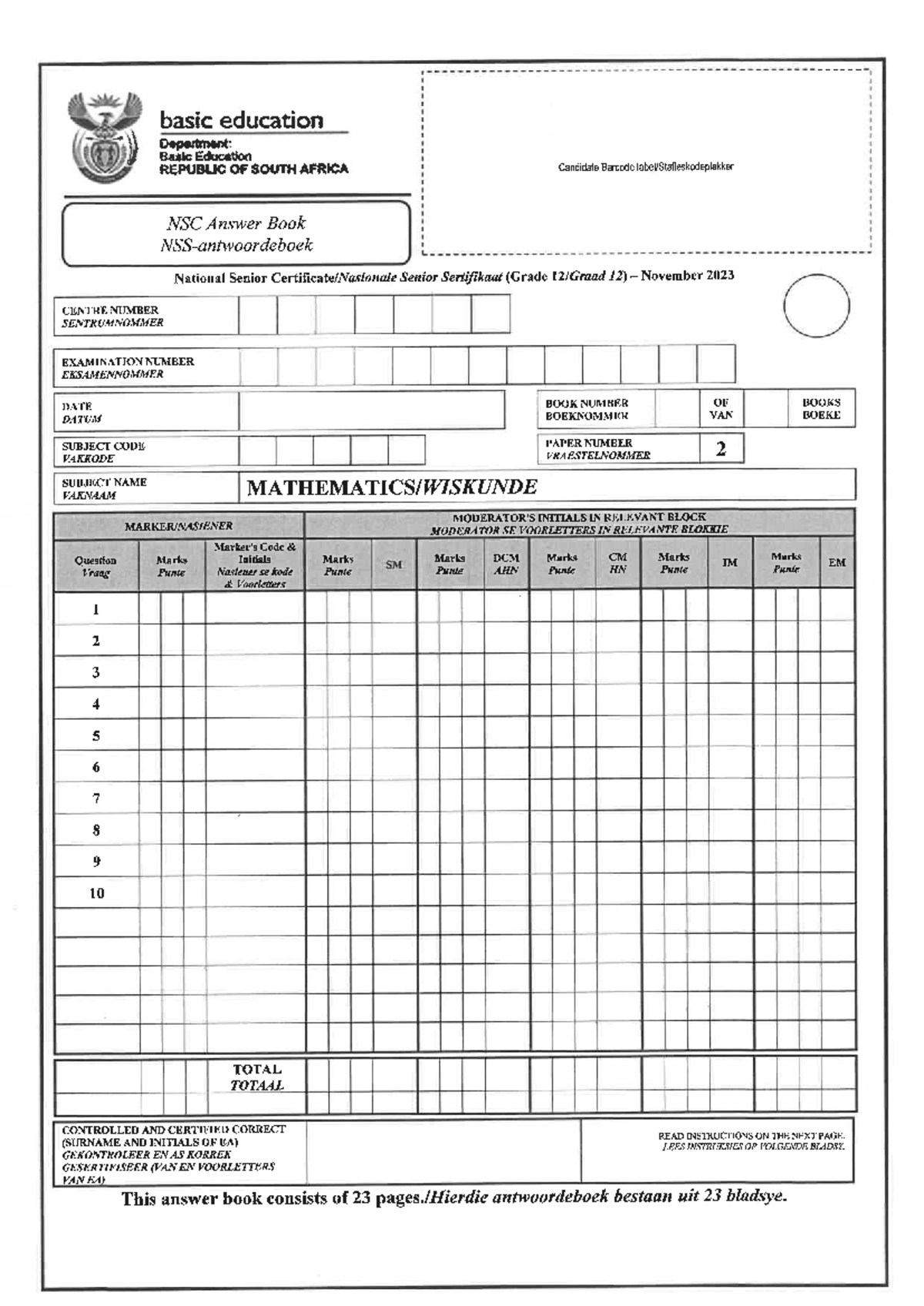 Mathematics P2 Nov 2023 NSC Answer Book: Eng & Afr Solutions - Studocu
