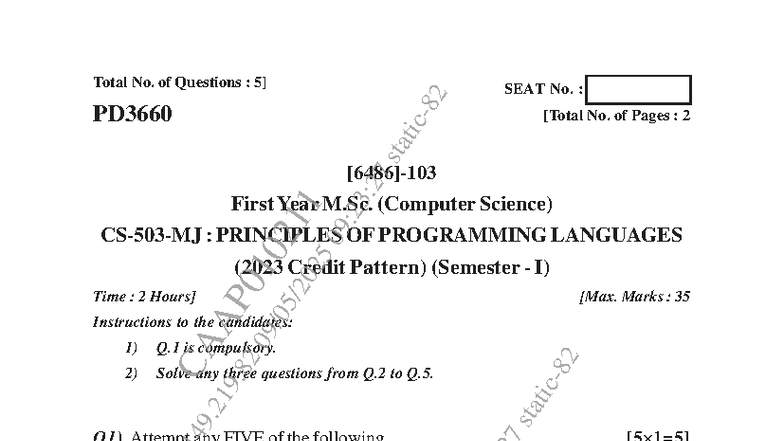 MSc(CS)-I CS-503-MJ Principles of Programming Languages Exam Guide ...
