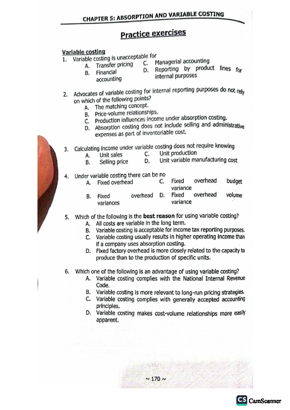 MAS-CH5: Variable vs. Absorption Costing Analysis and Key Concepts ...