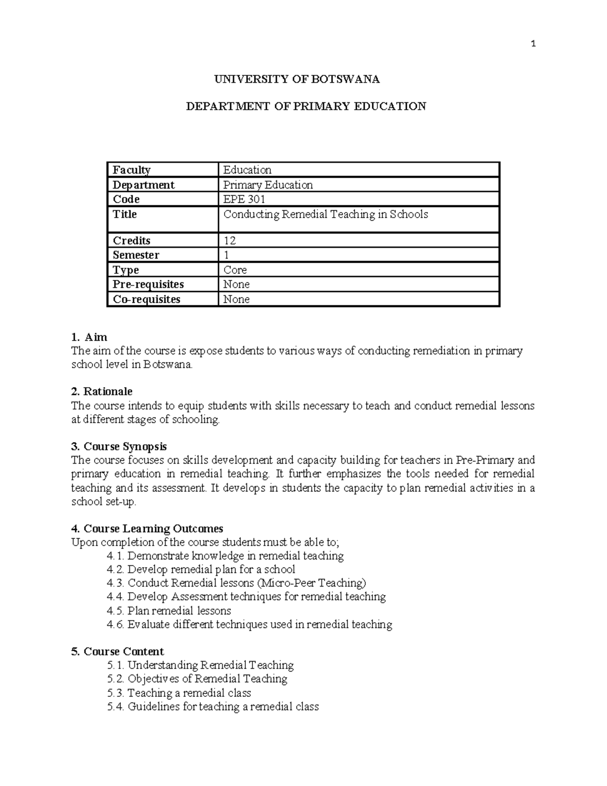 Course Outline EPE 301: Remedial Teaching in Primary Education - Studocu