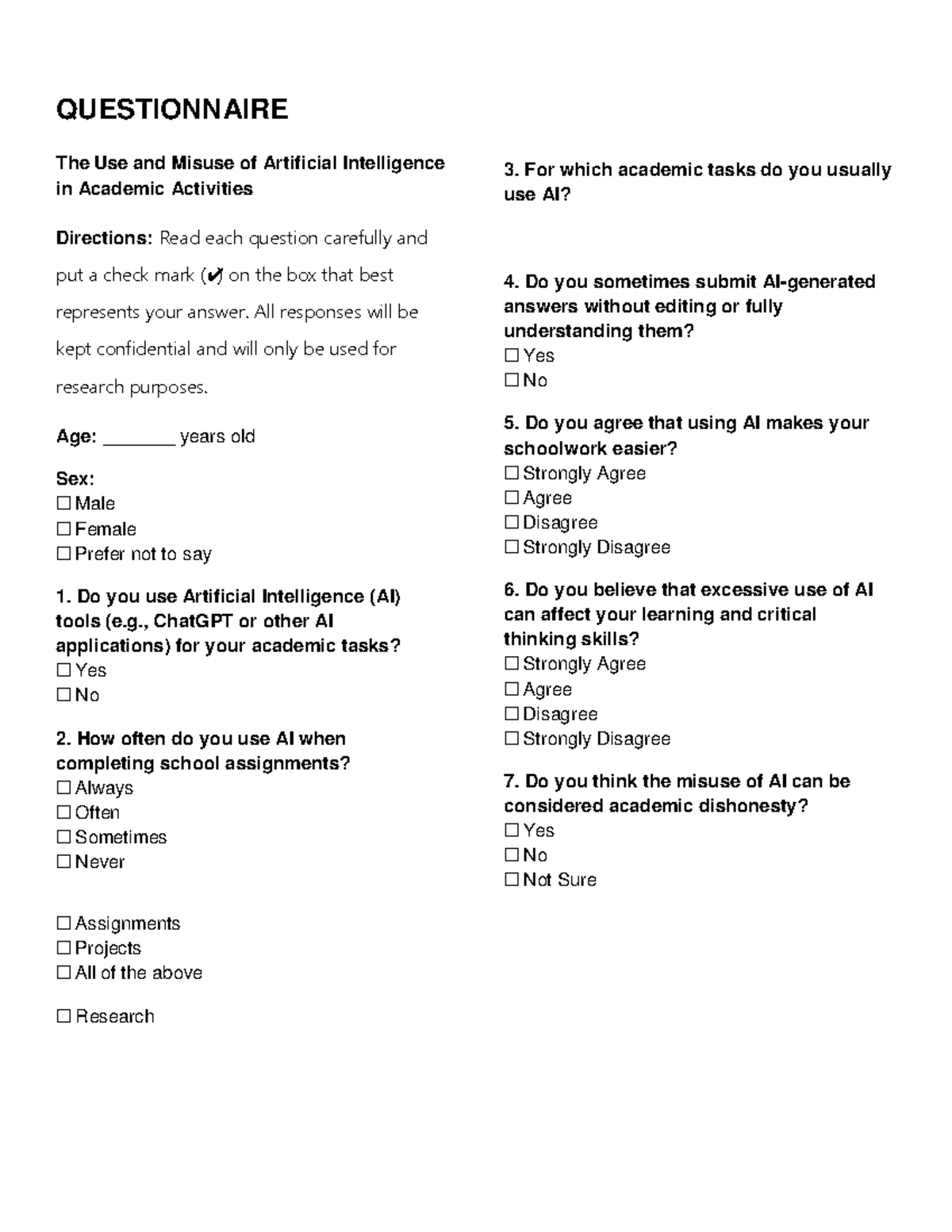 AI Use in Academia: Questionnaire for Academic Activities 3 - Studocu