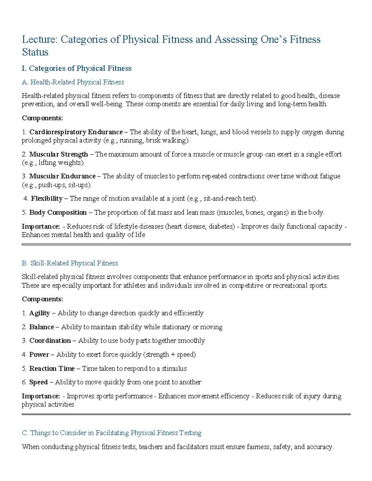 Lecture: Categories of Physical Fitness & Assessment (PE101) - Studocu