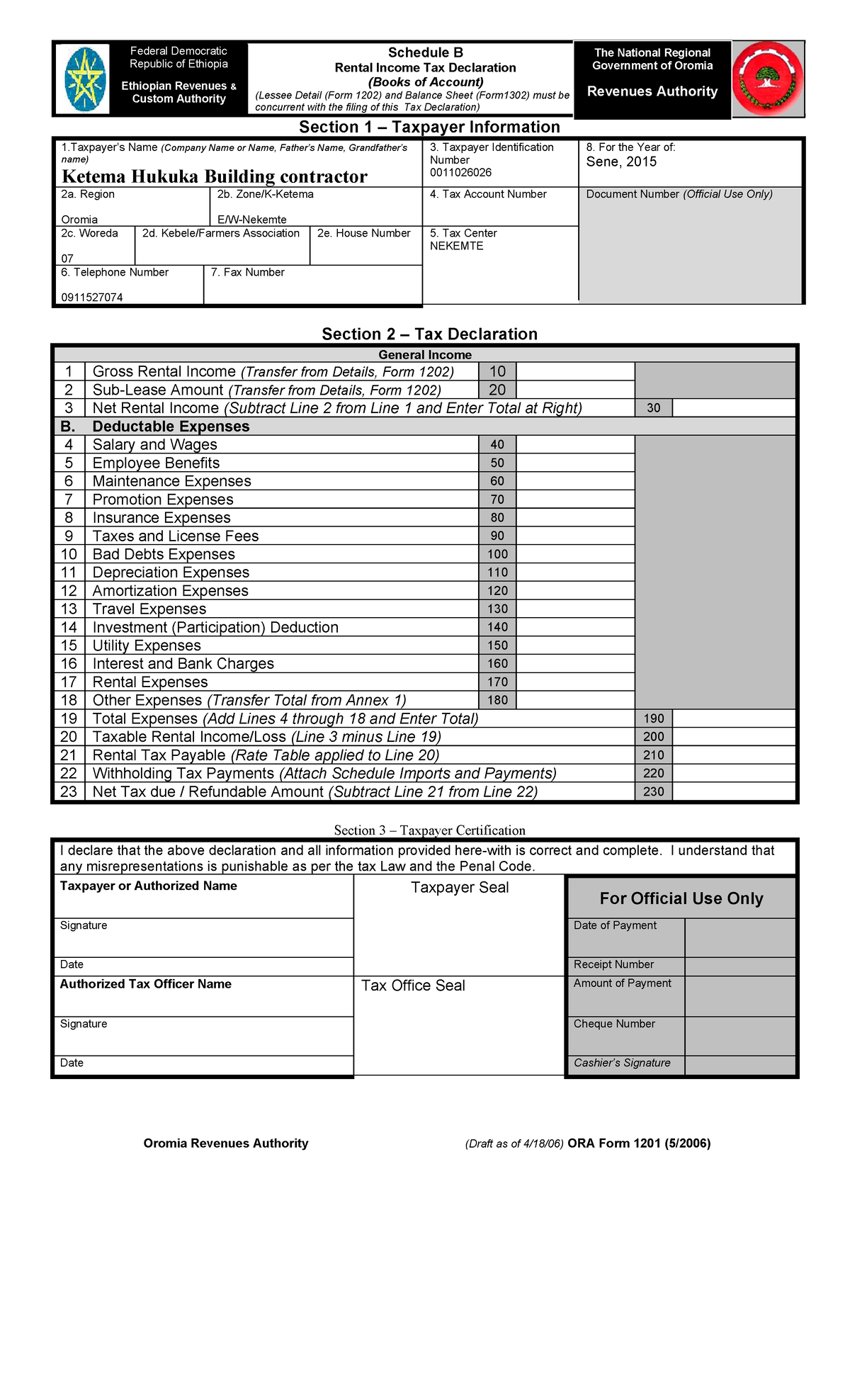Oromia Revenues Authority Schedule B: Rental Income Tax Declaration ...