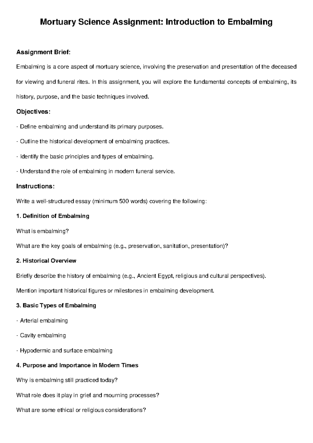 Mortuary Science (MS101) Assignment: Intro to Embalming Techniques ...